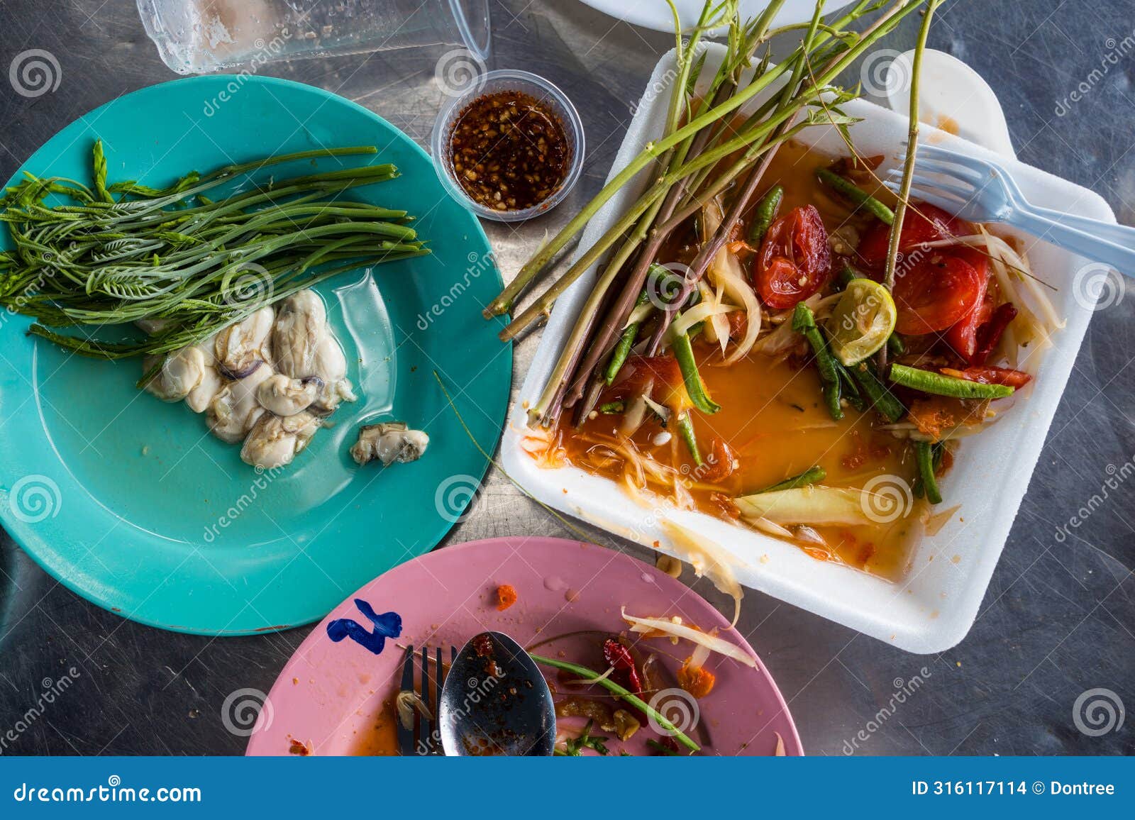 Various Thai Thai Sea Food after Eat on Table Stock Photo - Image of ...