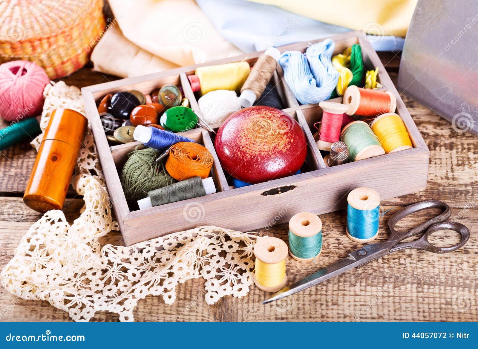 Various Threads and Sewing Tools in Box Stock Photo - Image of iron ...