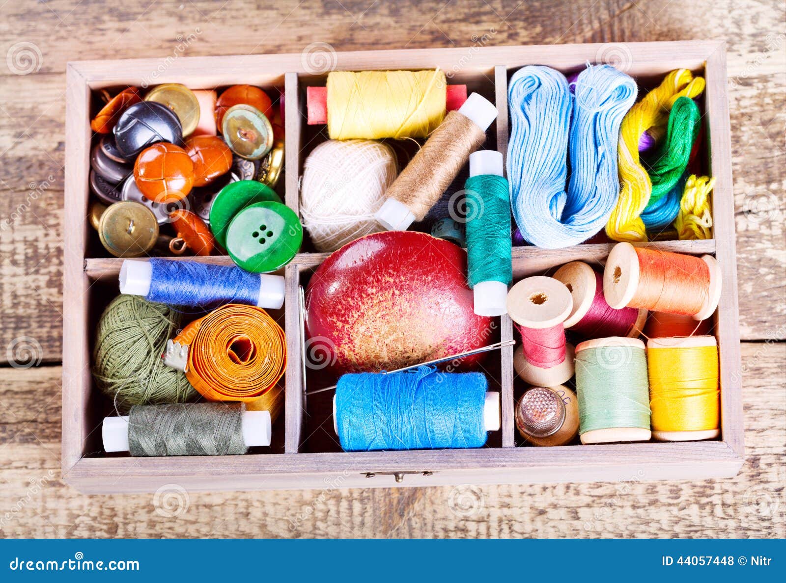 Various Threads and Sewing Tools in Box Stock Photo - Image of measure ...