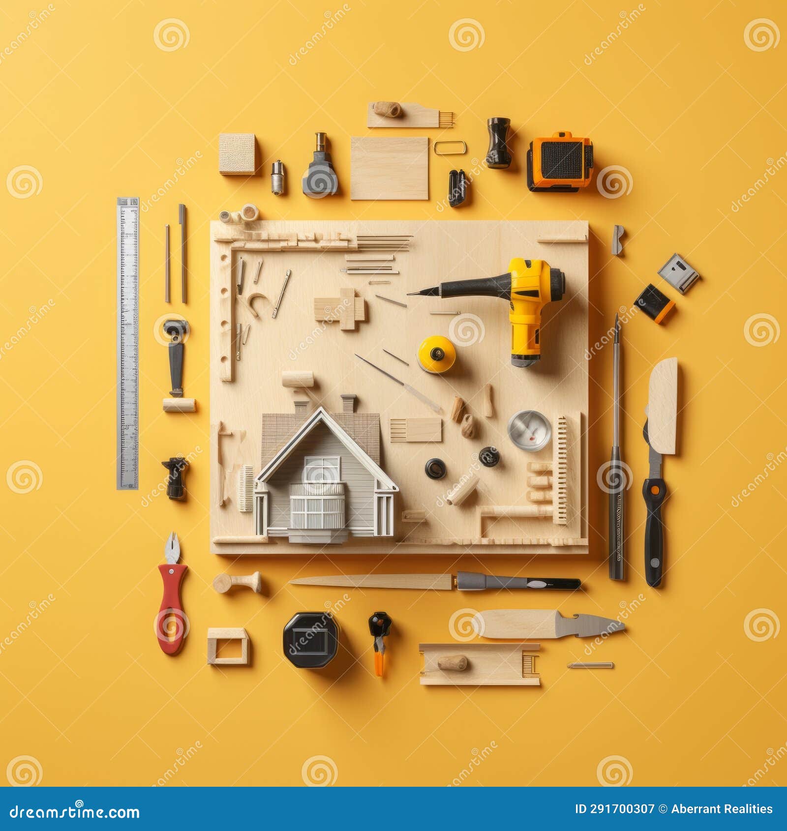 Various Tools and Building Materials Arranged on a Yellow Background ...