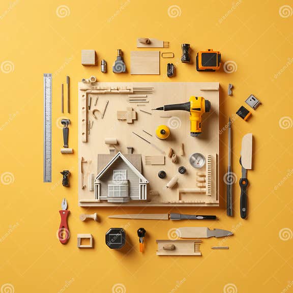 Various Tools and Building Materials Arranged on a Yellow Background ...