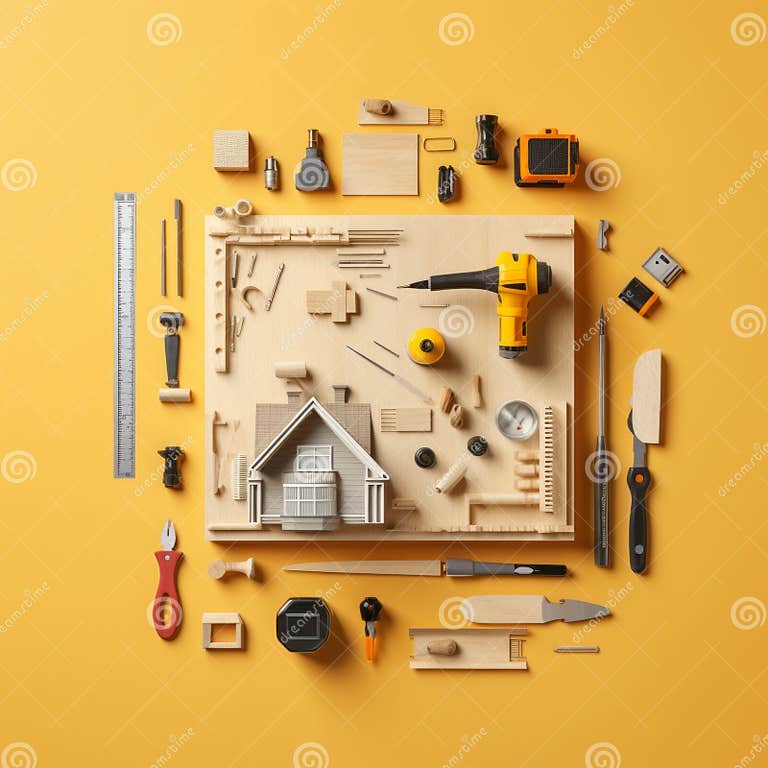 Various Tools and Building Materials Arranged on a Yellow Background ...