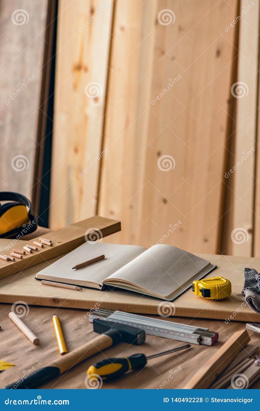Various Tools on Carpentry Woodwork Workshop Desk, Selective Focus ...