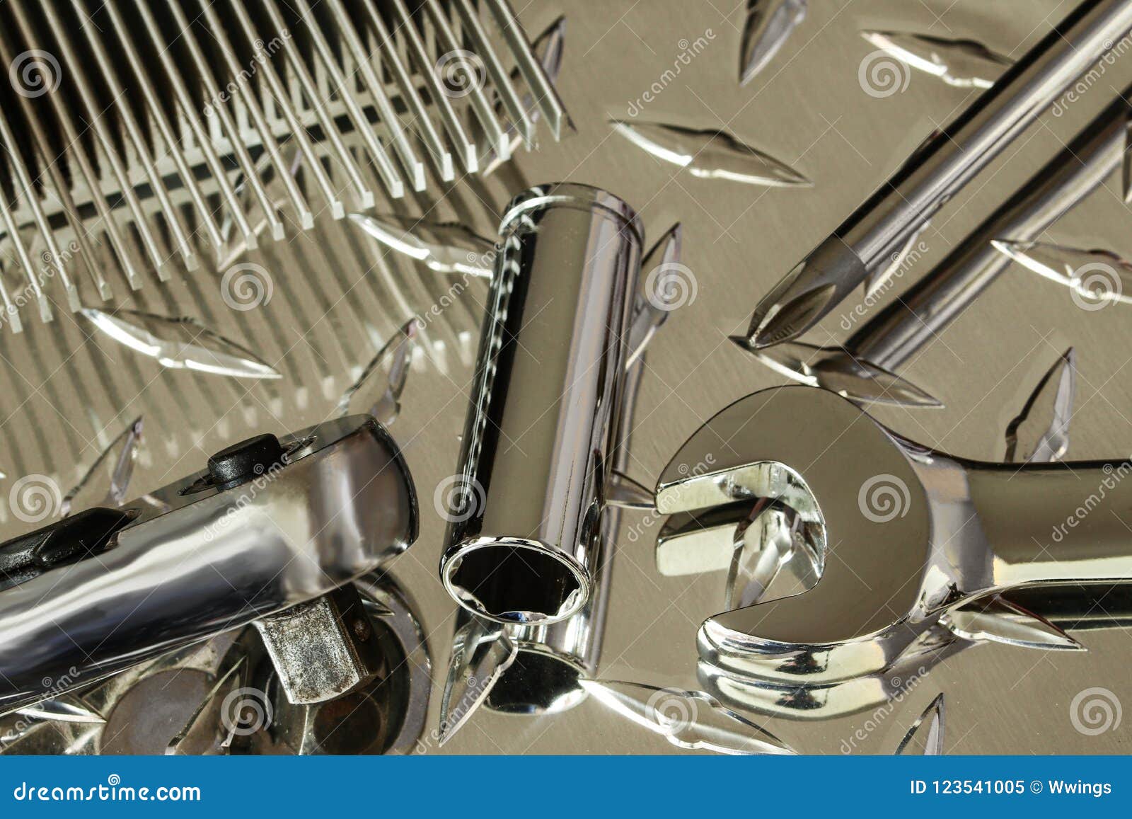 Various Tools on Diamond Plate Stock Image - Image of work, silver ...