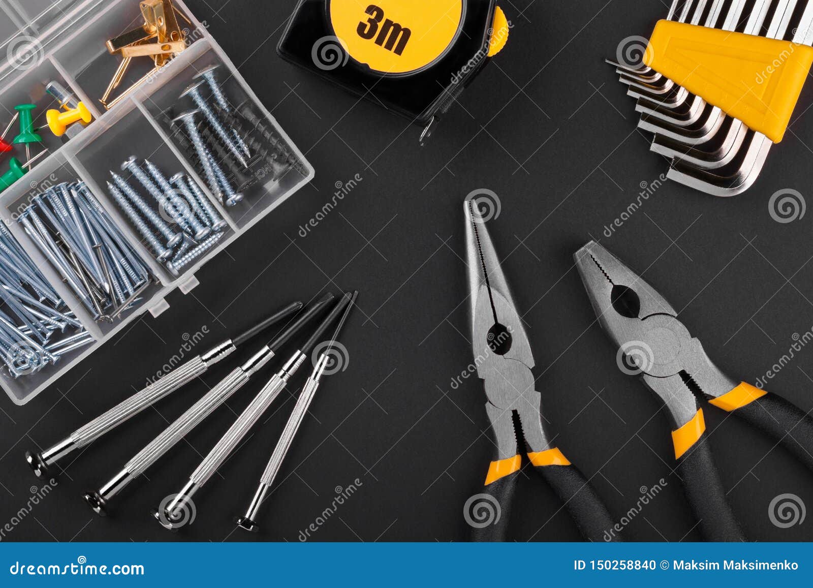 Hand Tools Kit on Black Background. Flat Lay. Stock Photo - Image of ...
