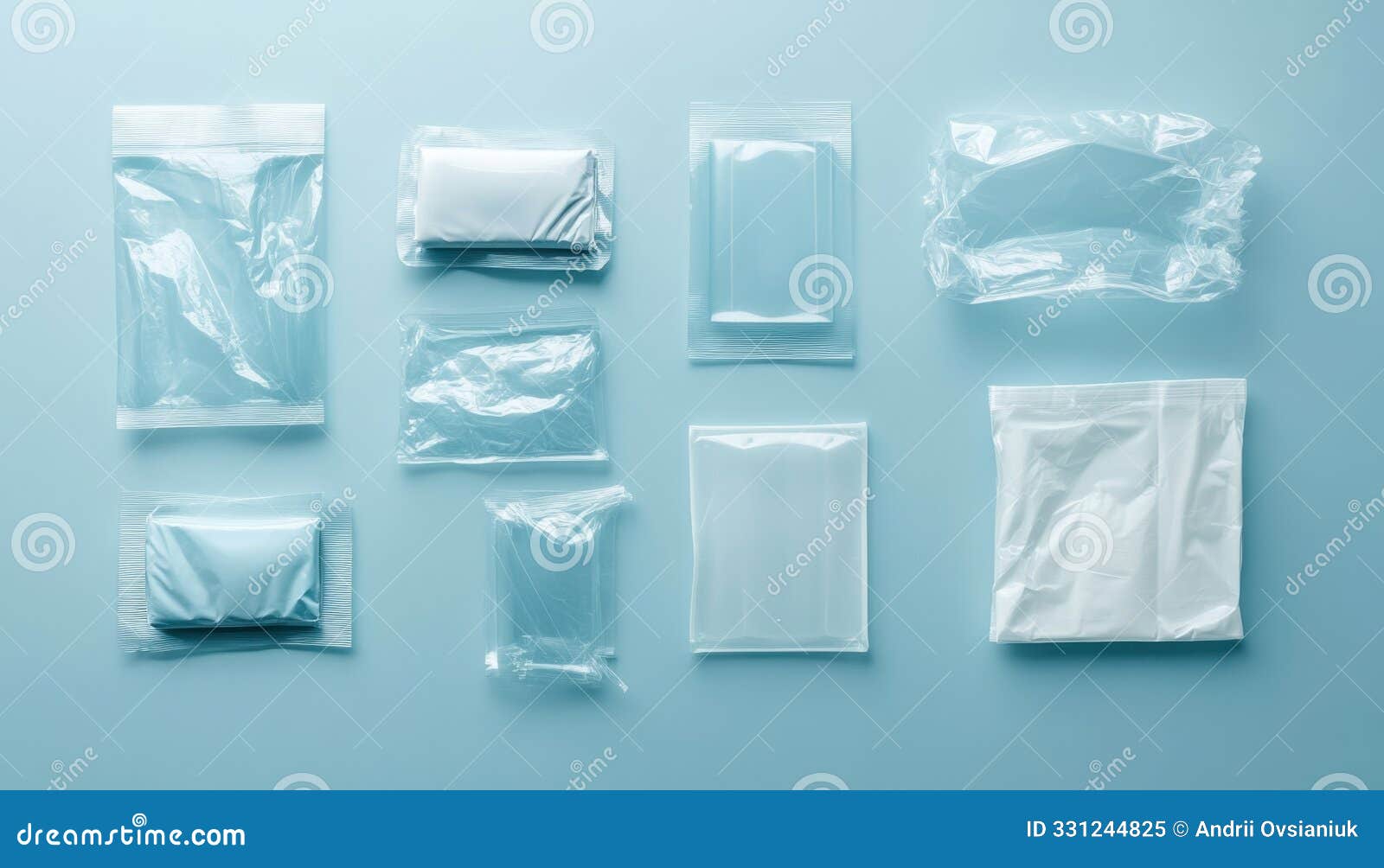 Various Transparent Plastic Packaging on a Light Blue Background Stock ...