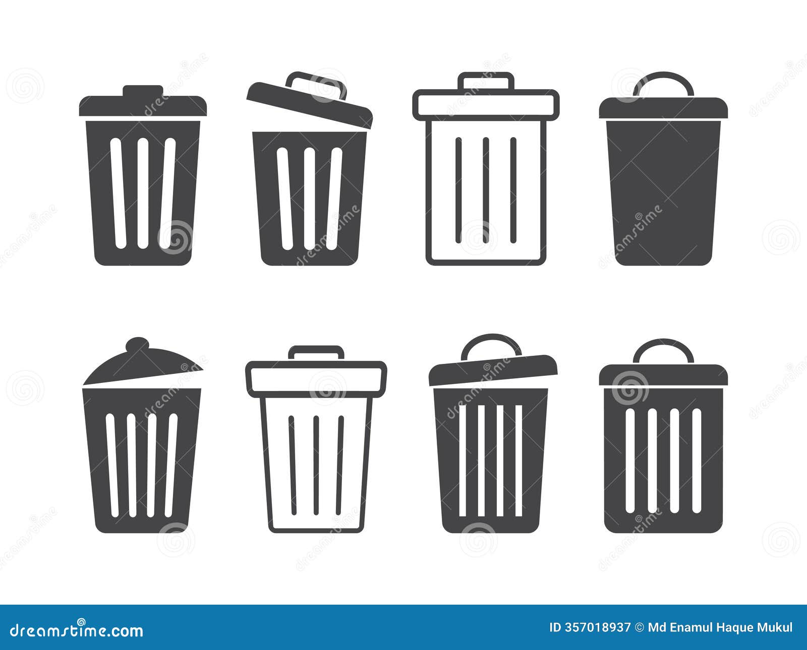 Various Trash Can Icons with Open and Closed Lids. Stock Illustration ...