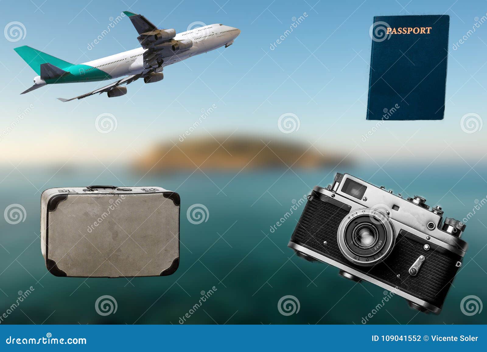 Various Travel Objects with the Sea in the Background Stock Photo ...