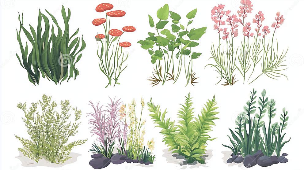 Various Types of Aquatic and Terrestrial Plants Illustrated in Vibrant ... Various Types of Aquatic and Terrestrial Plants Illustrated in Vibrant ...