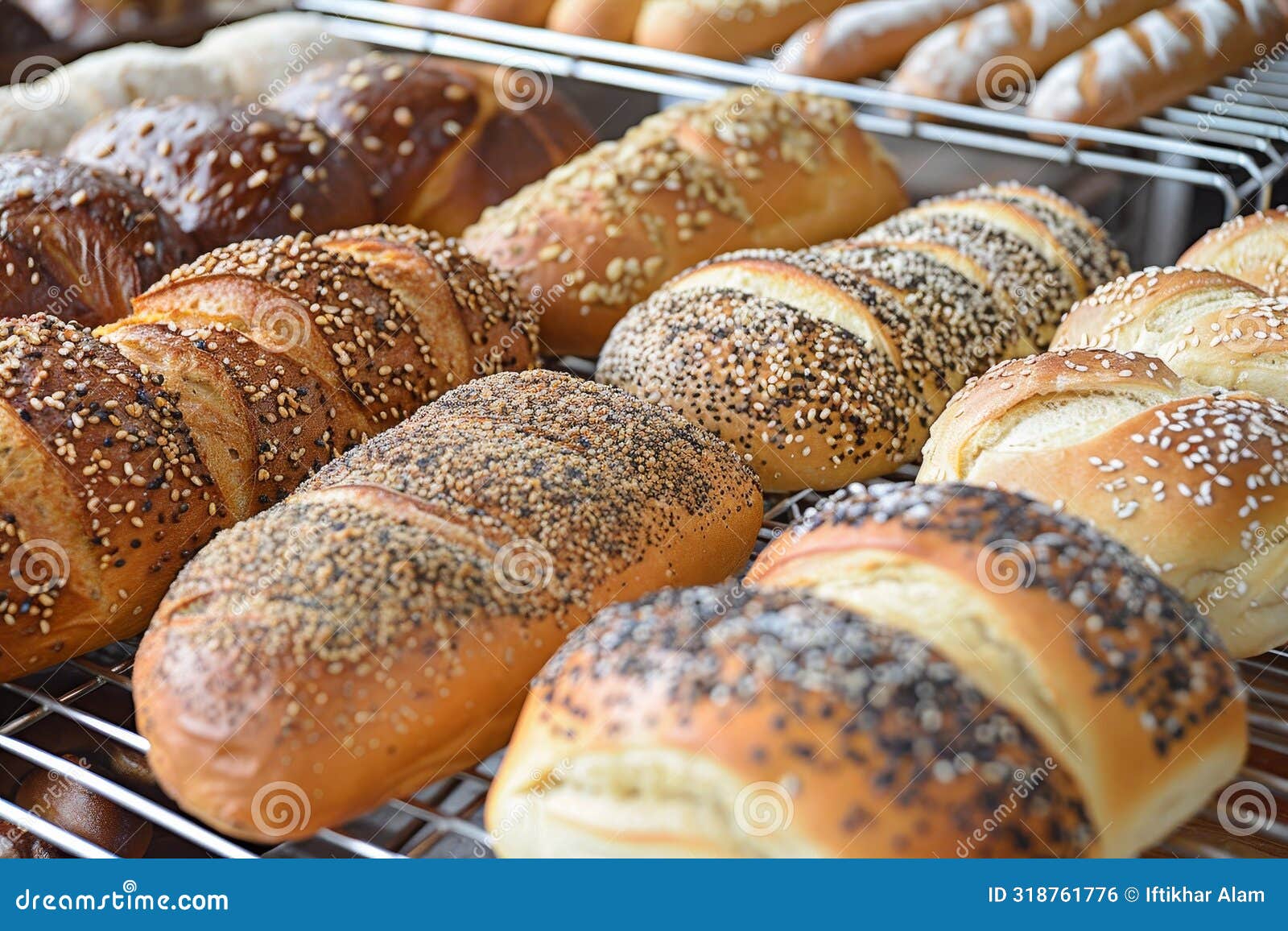 Various Types of Artisanal Bread Loaves and Rolls Cooling on a Rack, an ...
