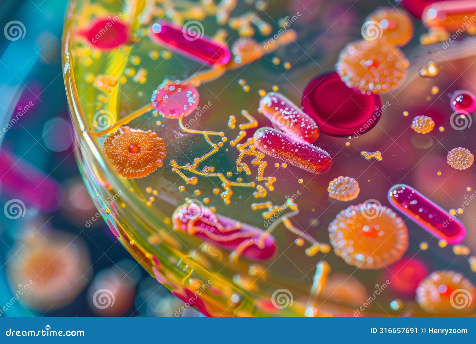 Various Types of Bacteria in a Petri Dish Under a Microscope Stock ...