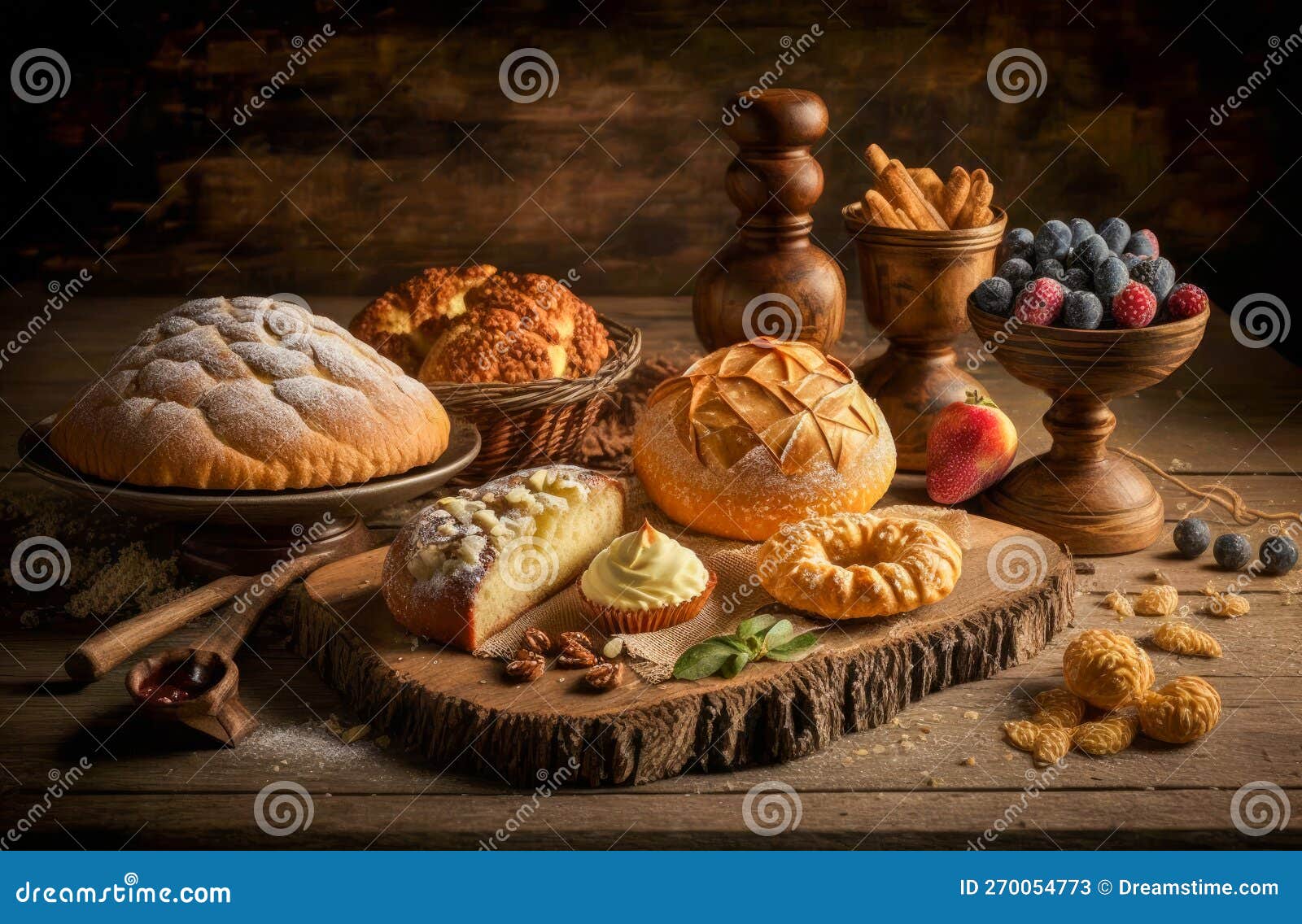 Various Types of Baked Goods on Wooden Table. Generative AI Stock ...