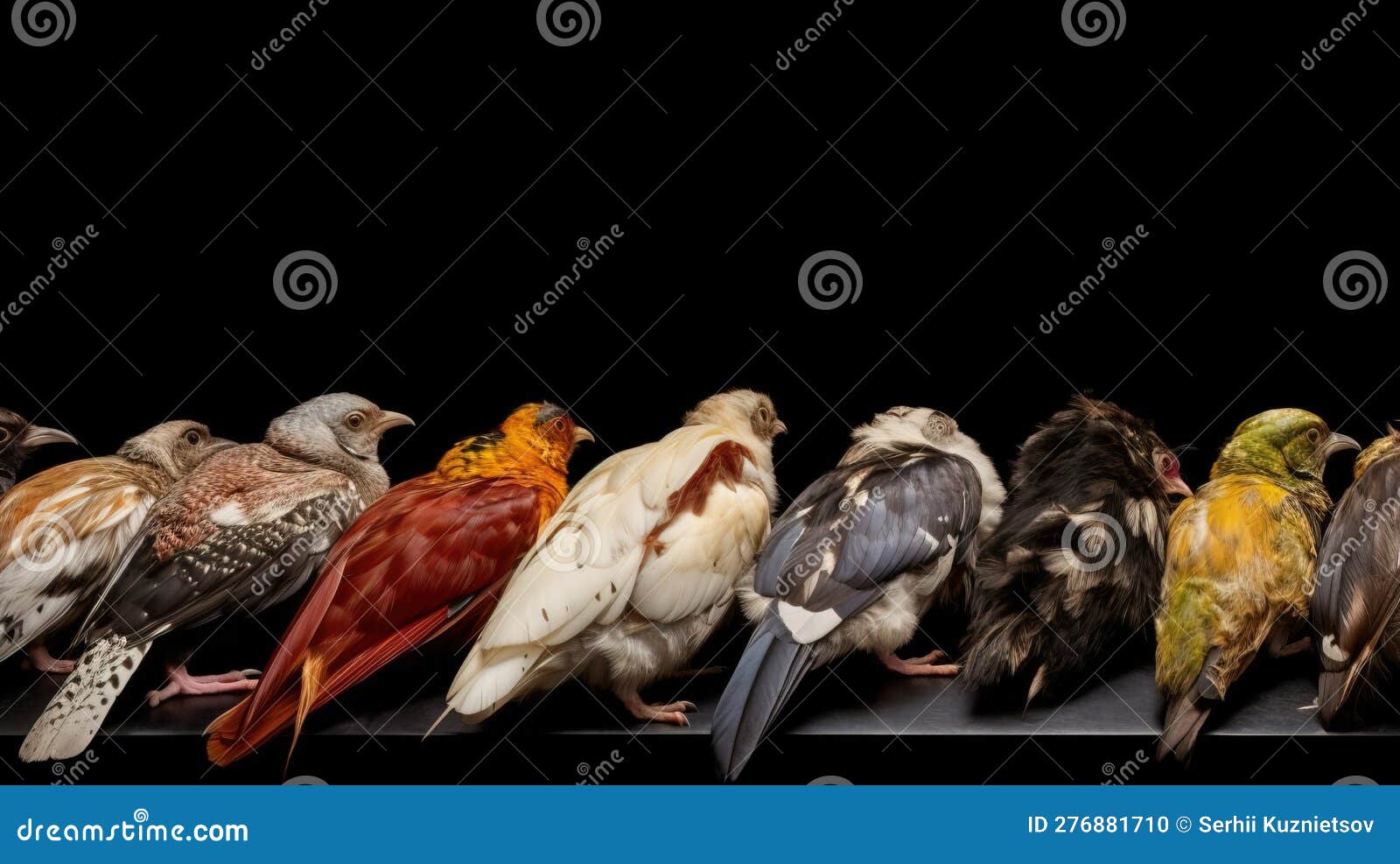 Various Types of Birds Sit in a Row on a Branch, Black Background ...