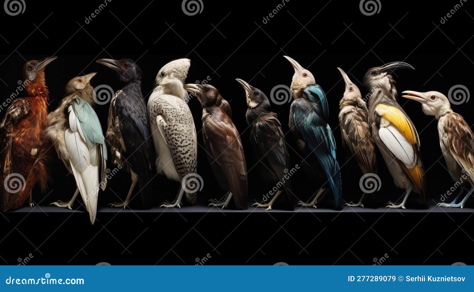 Various Types of Birds Sit in a Row on a Branch, Black Background ...