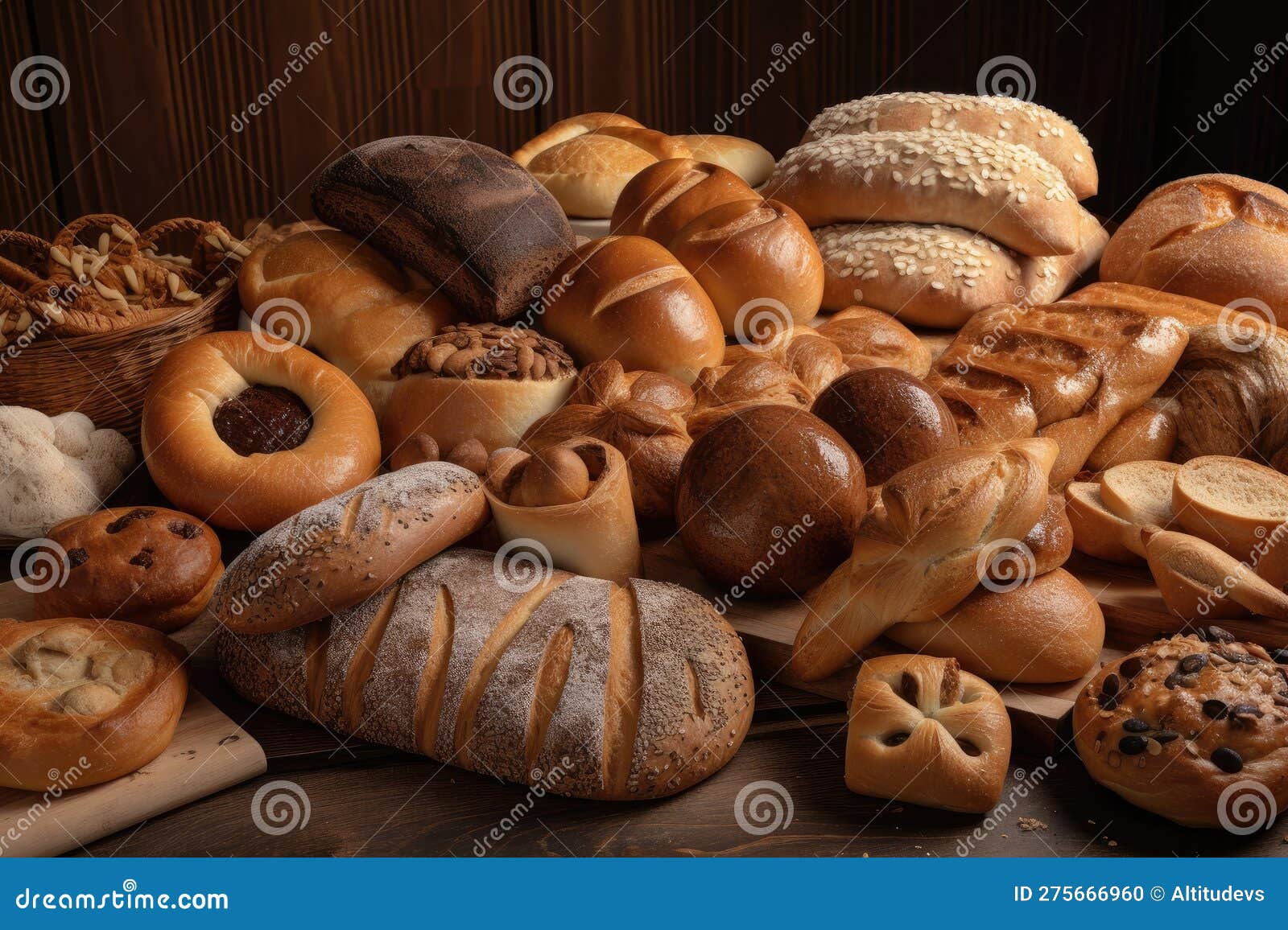 Various Types of Bread, Including Bagels and Rolls with Different ...