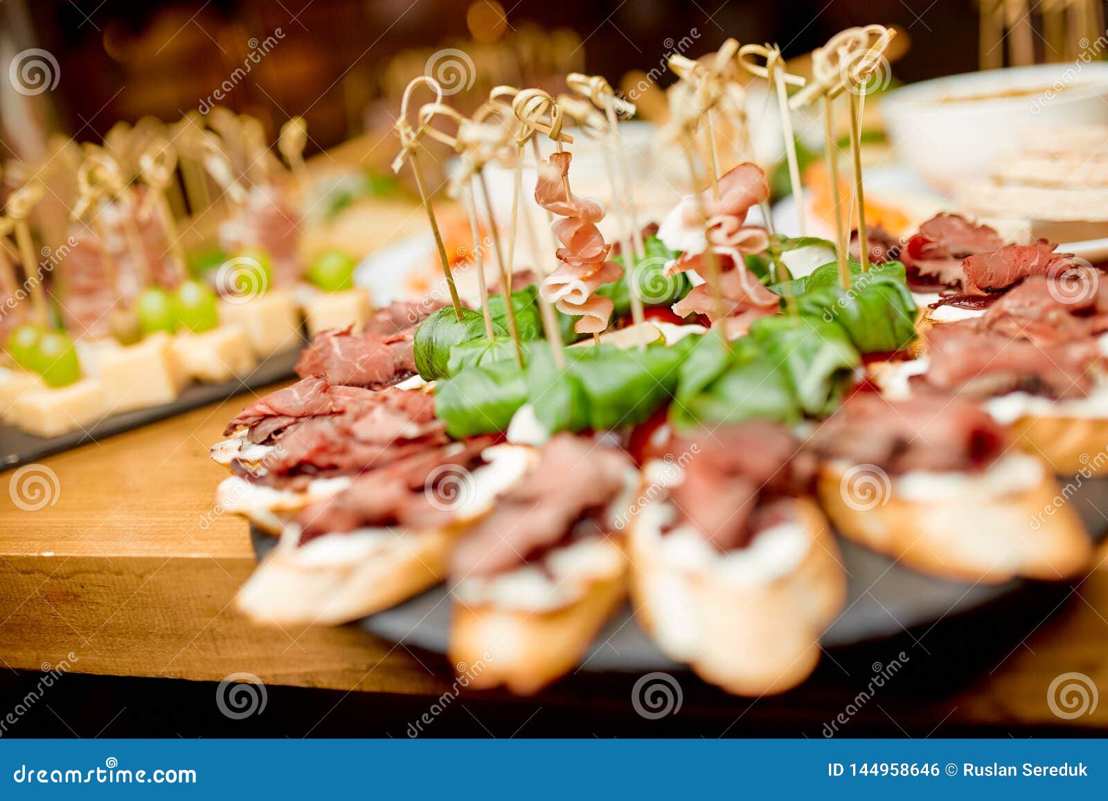 Various types of canapes stock photo. Image of bread - 144958646