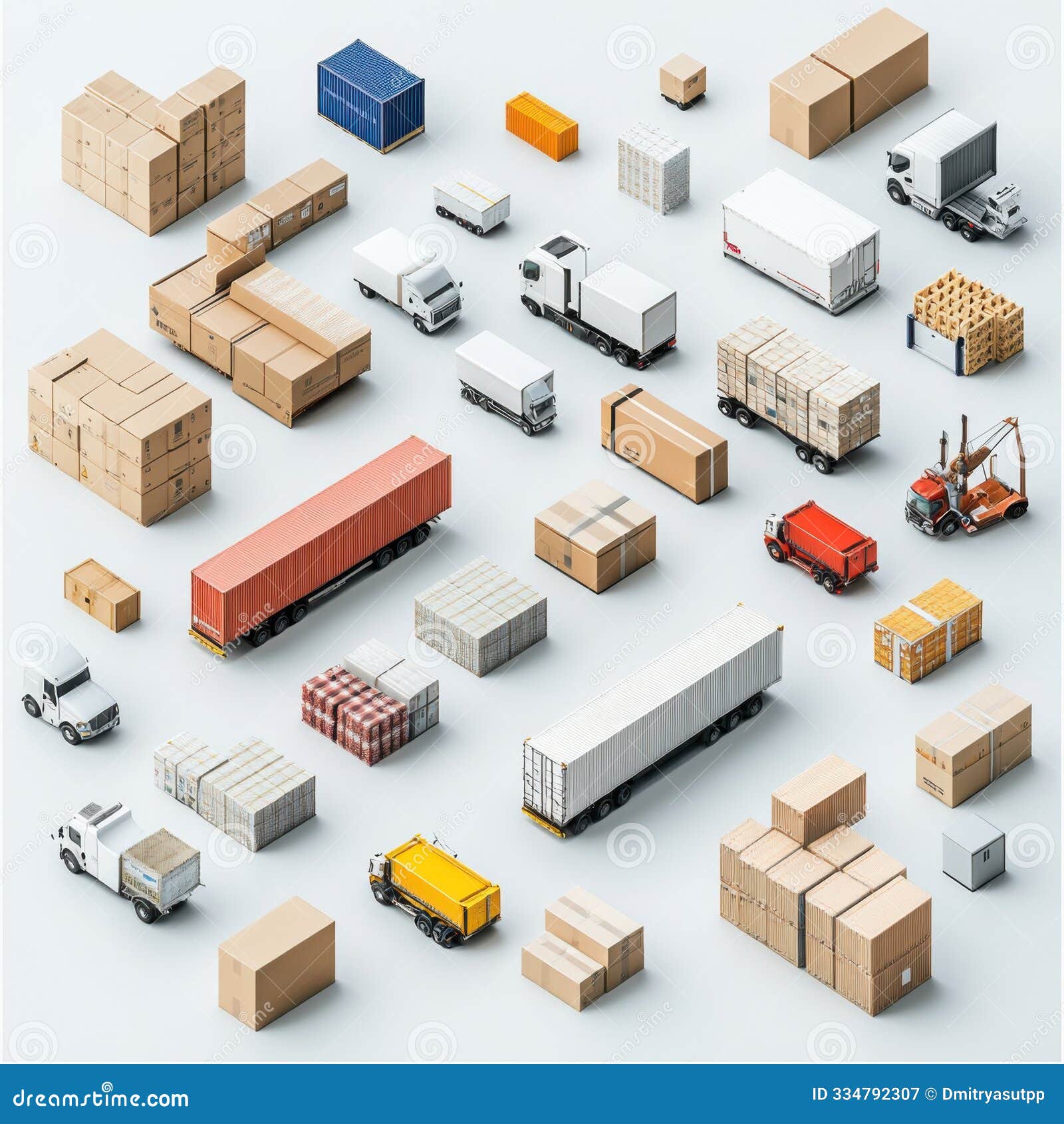 Various Types of Cargo Trucks and Packed Boxes Organized on a White ...