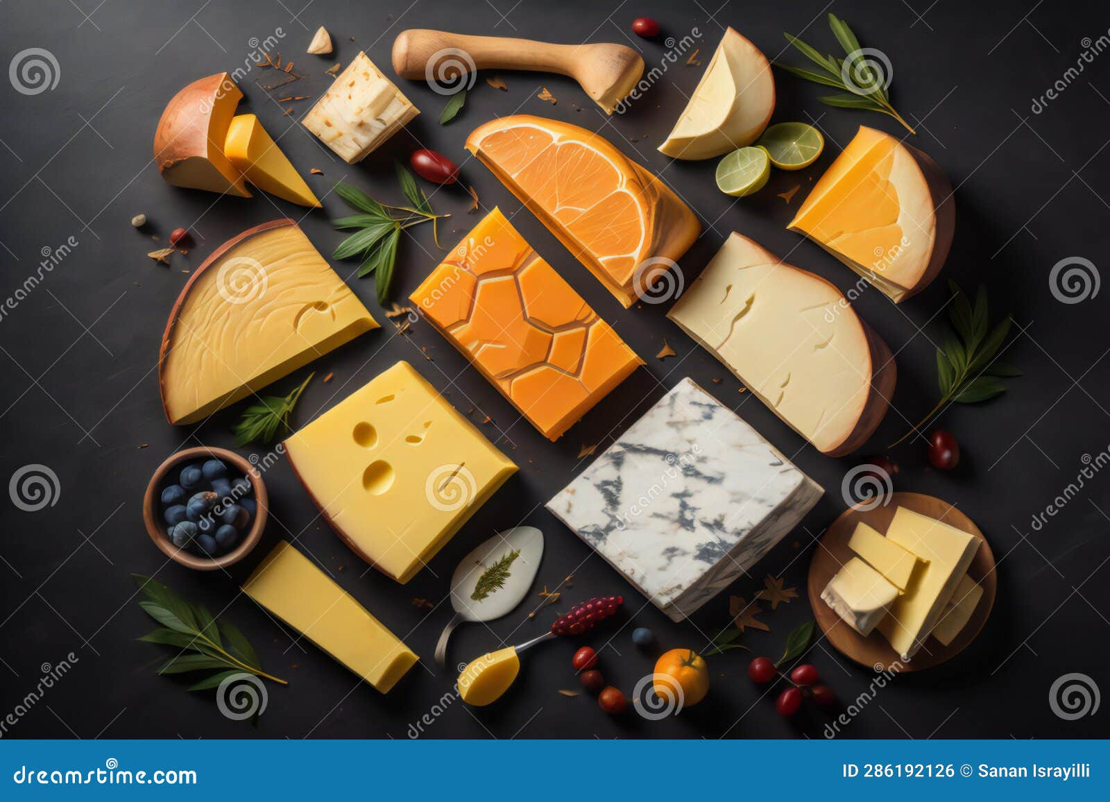 Various Types of Cheese on a Black Background. Top View, Flat Lay Stock ...