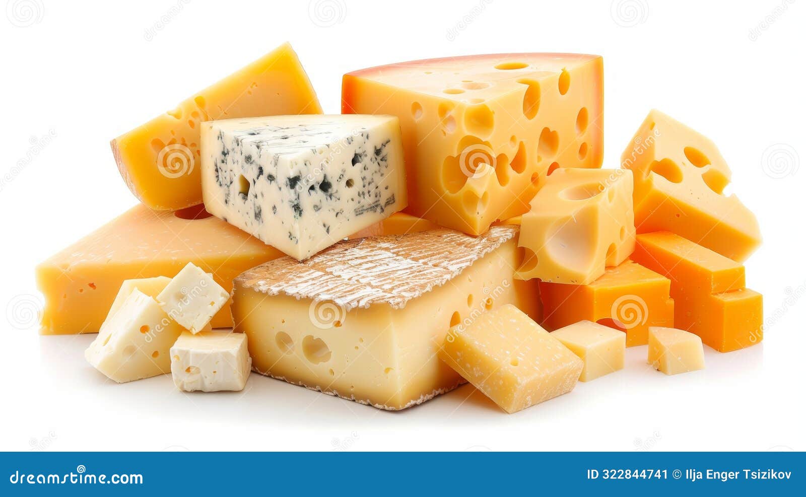 Various Types Of Cheeses Stacked Together On White Background In ...