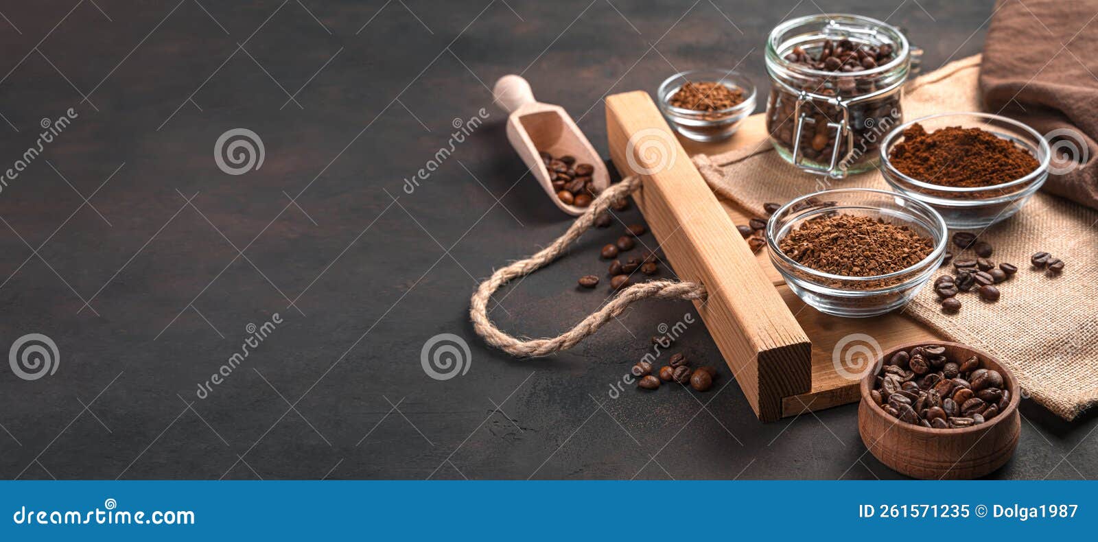 Various Types of Coffee on a Brown Background. Stock Image - Image of ...