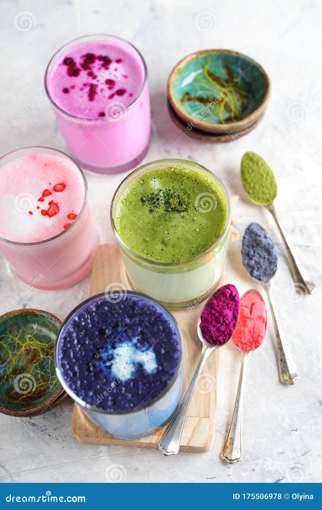 Various Types of Colored Latte Stock Photo - Image of bright, green ...