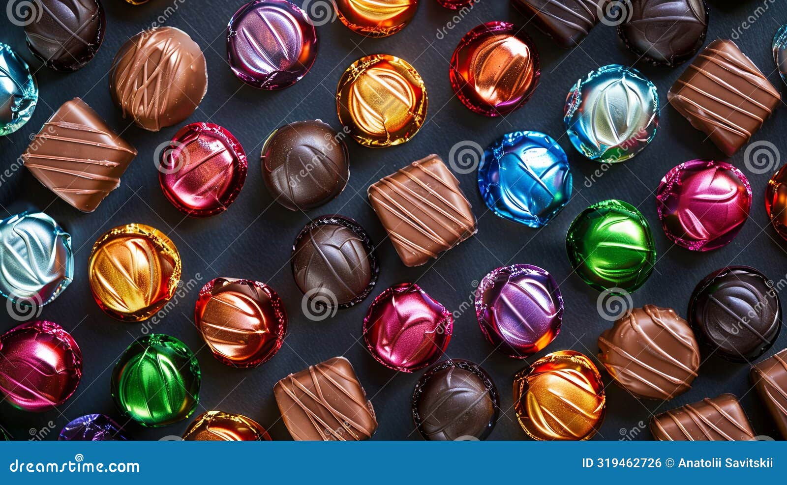 Various Types of Colorful Chocolates in Shiny Wrappers Spread Out on a ...