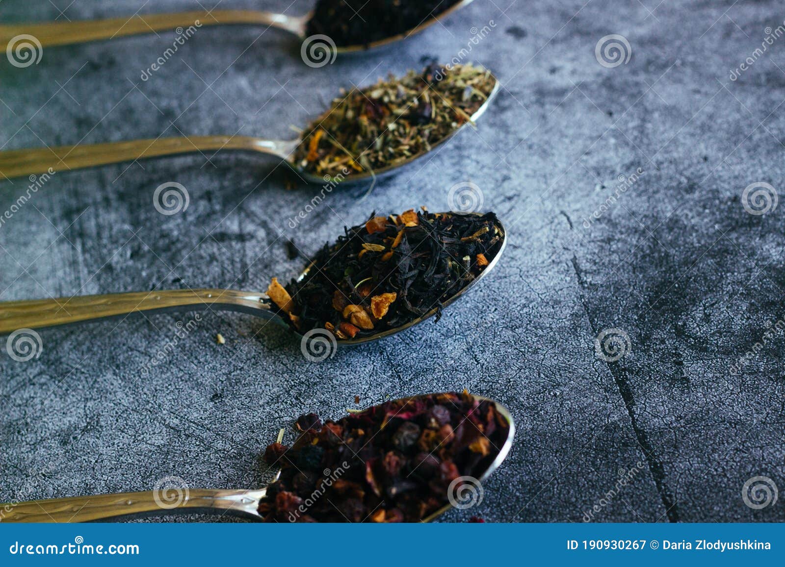 Various Types of Herbal Tea in Spoons. Spoons with Dry Tea Leaves Stock ...