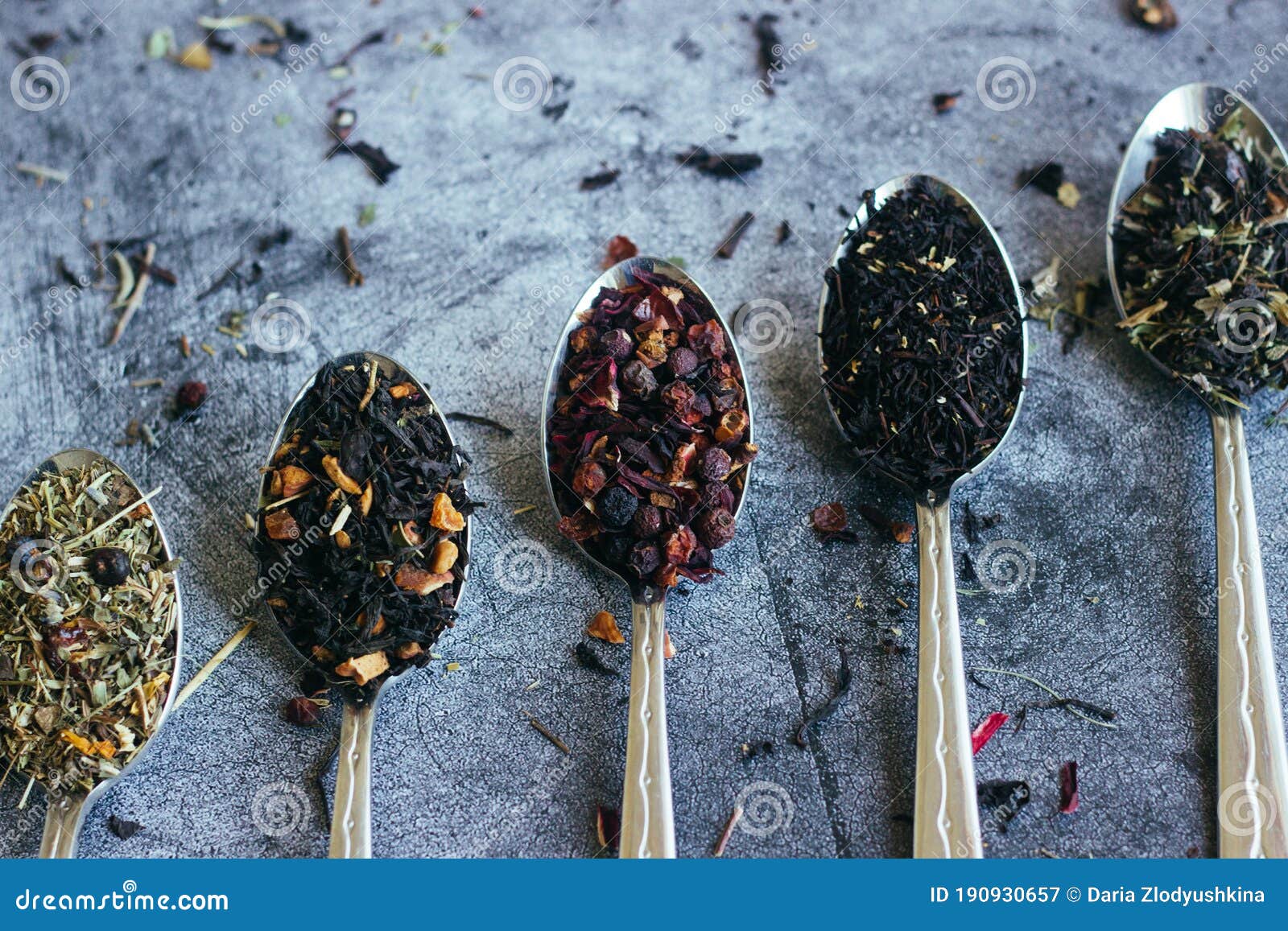 Various Types of Herbal Tea in Spoons. Spoons with Dry Tea Leaves Stock ...