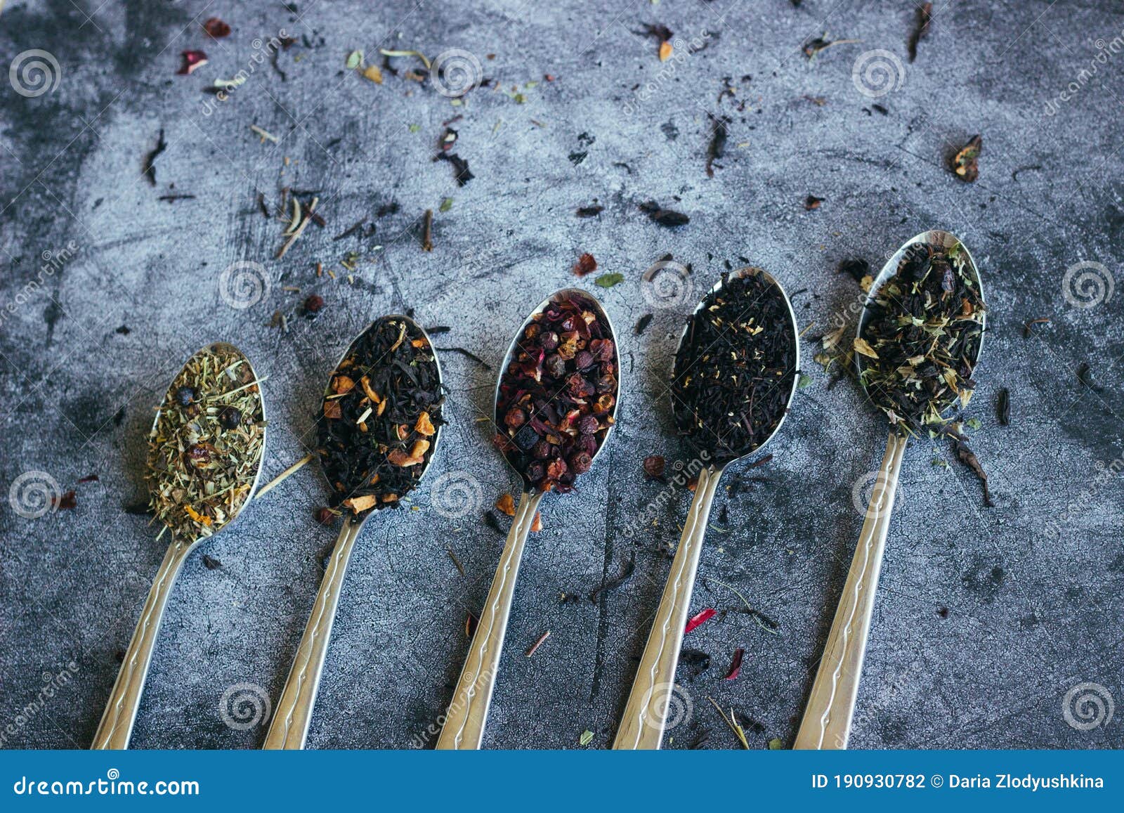 Various Types of Herbal Tea in Spoons. Spoons with Dry Tea Leaves Stock ...
