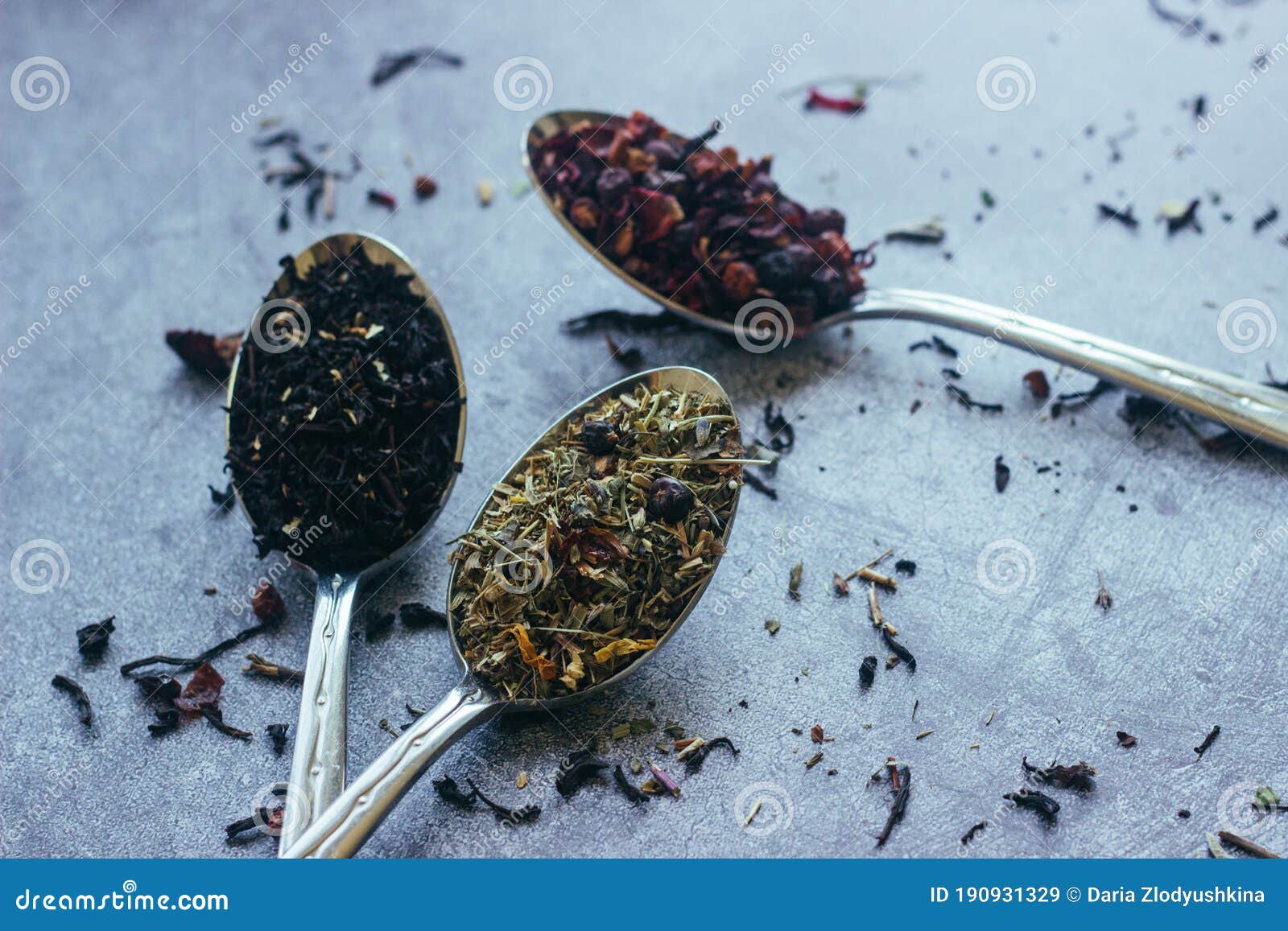 Various Types of Herbal Tea in Spoons. Spoons with Dry Tea Leaves Stock ...