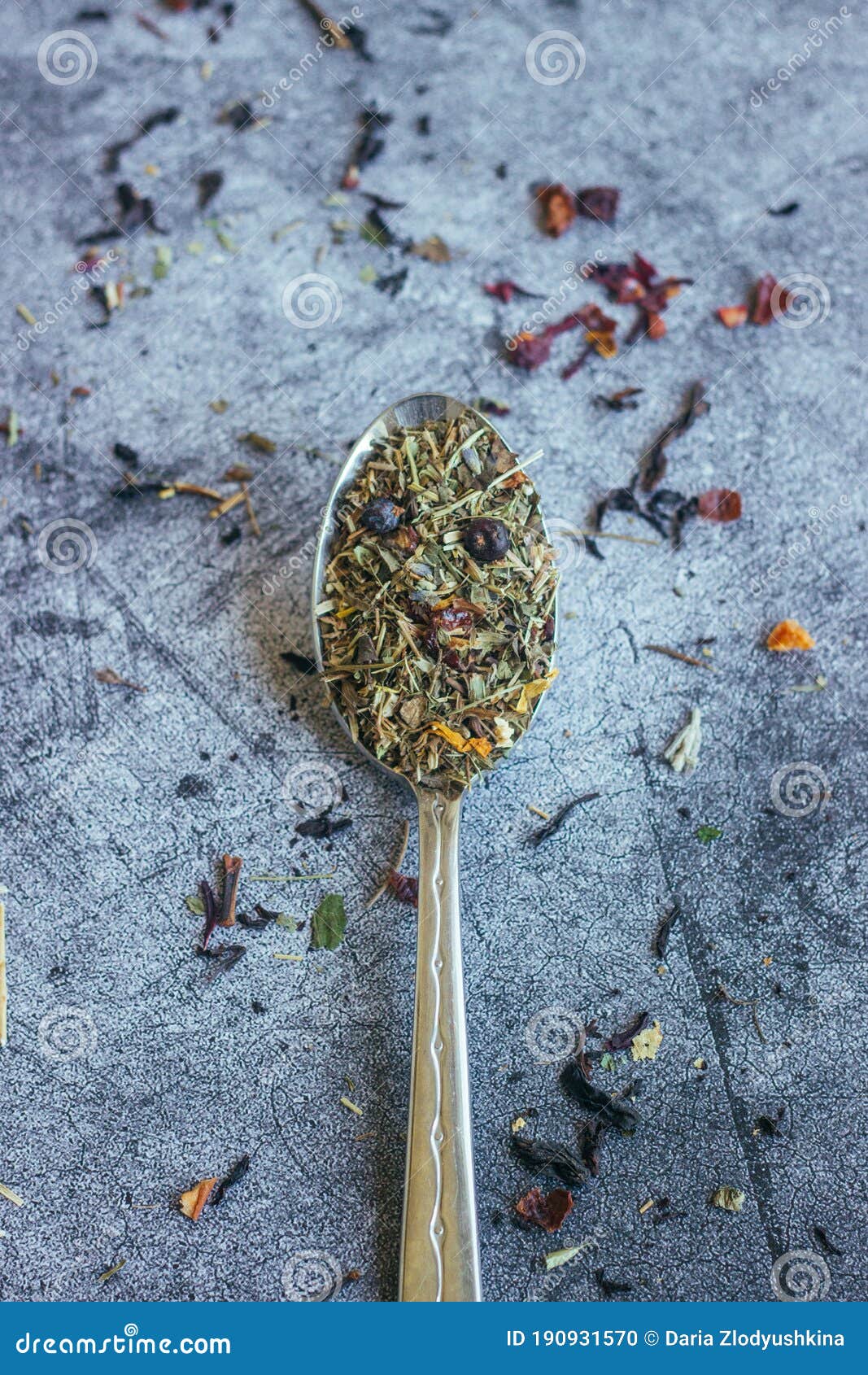 Various Types of Herbal Tea in Spoons. Spoons with Dry Tea Leaves Stock ...