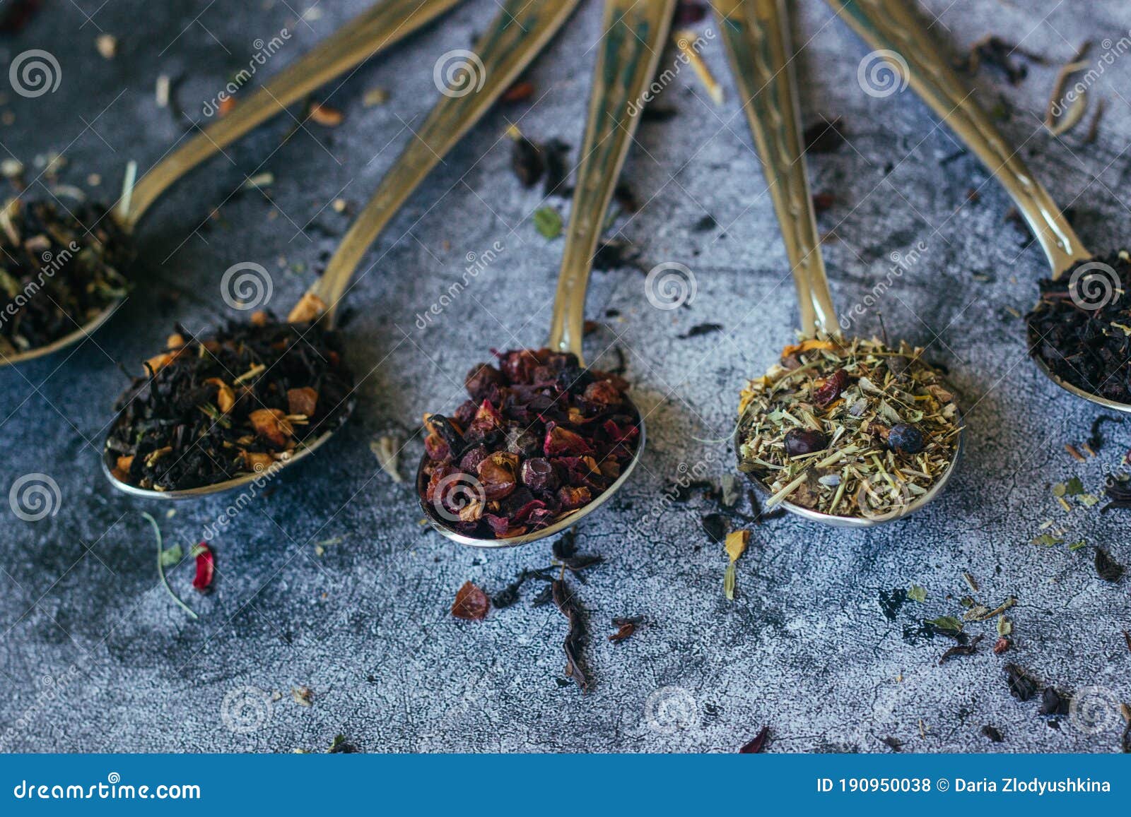 Various Types of Herbal Tea in Spoons. Spoons with Dry Tea Leaves Stock ...