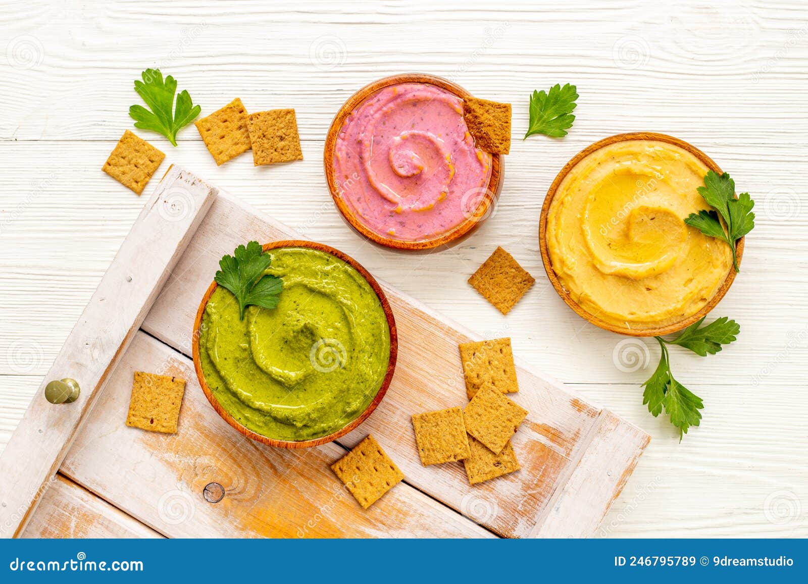 Various Types of Hummus with Chickpeas Spinach and Beets. Flatlay Top ...