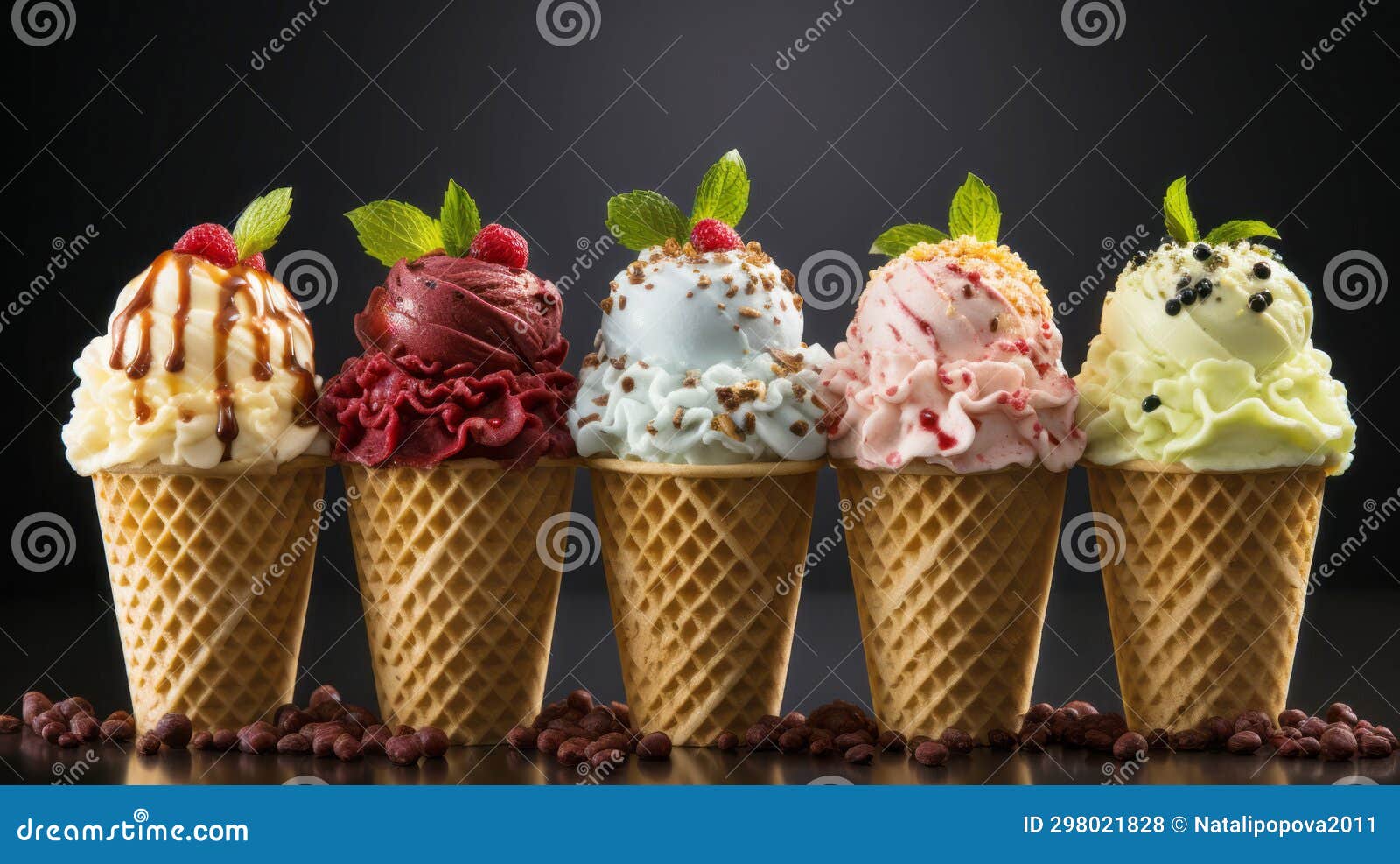 Various Types of Ice Cream in Waffle Cones on a Dark Background ...