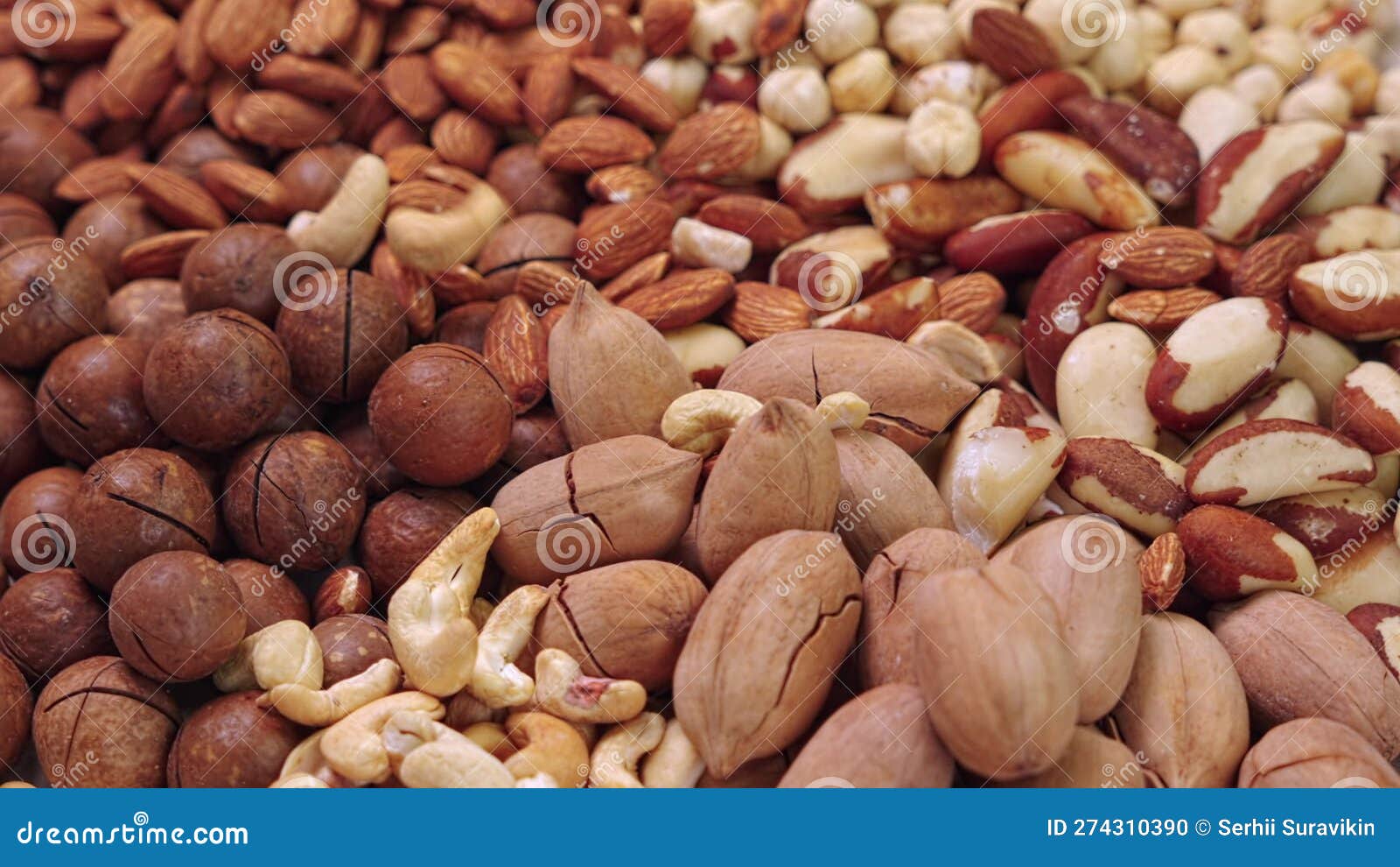 Various Types of Nuts on a Rotating Table and Nuts Falling from Above ...