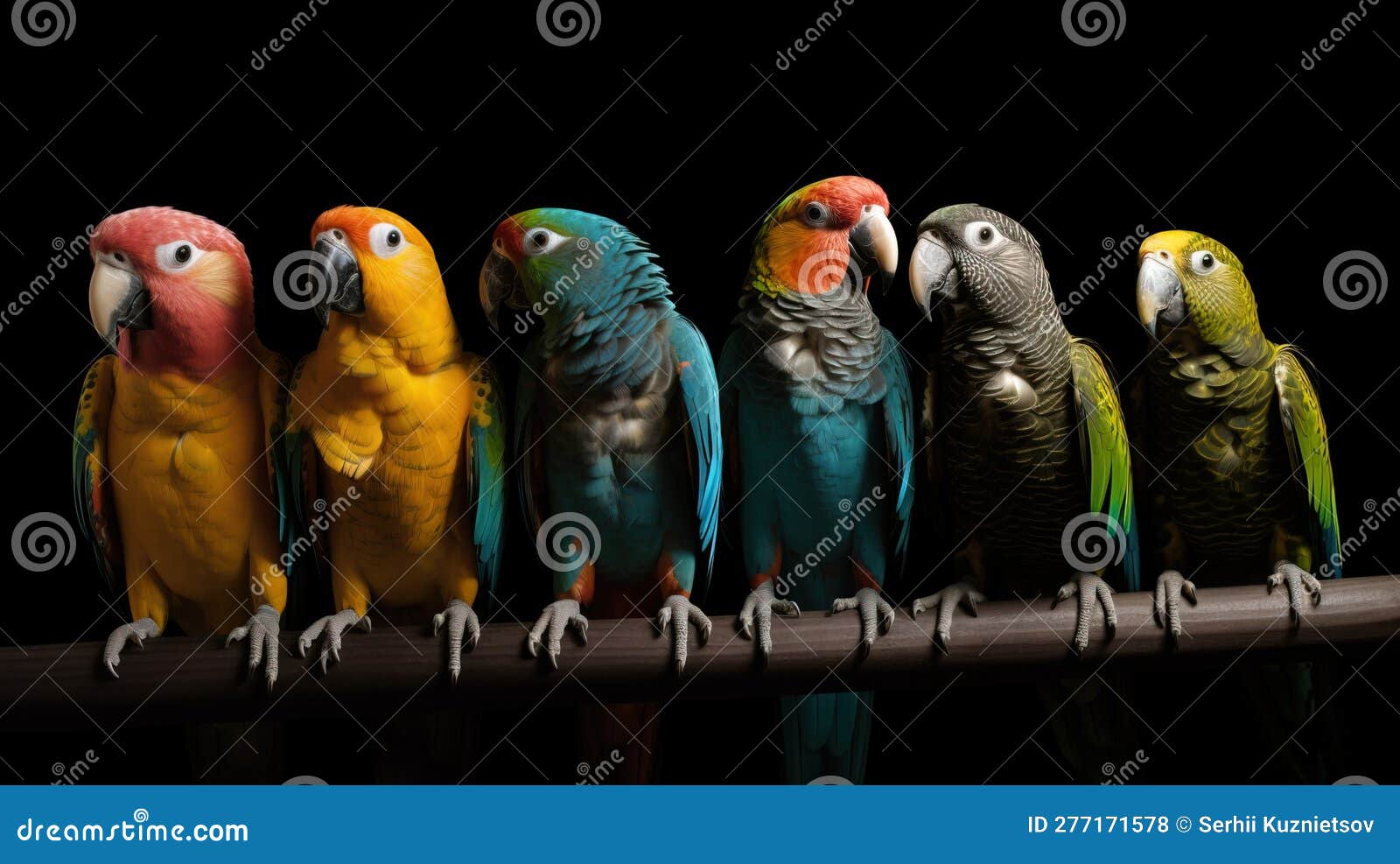 Various Types of Parrots are Sitting in a Row on a Branch, Black ...