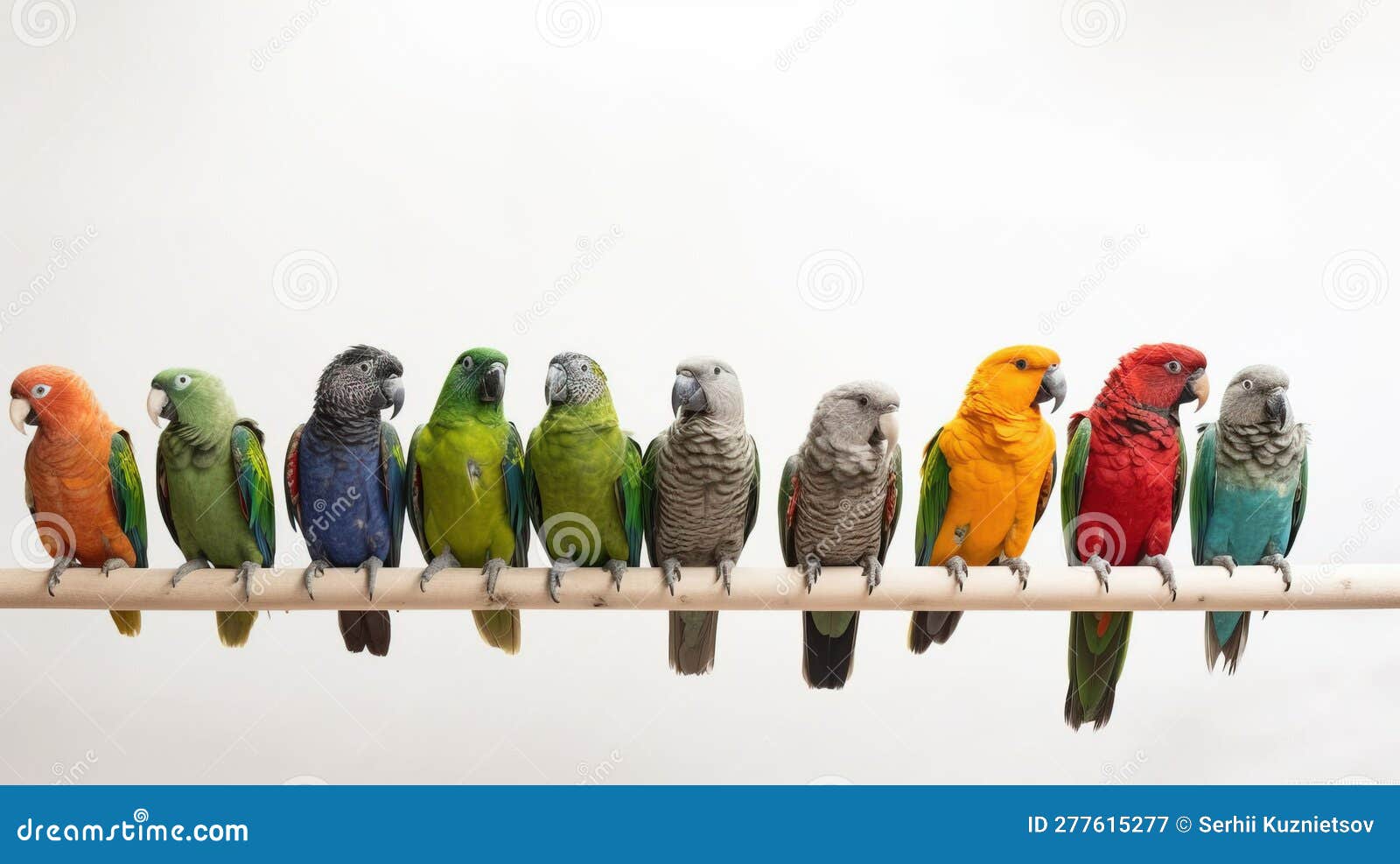 Various Types of Parrots are Sitting in a Row on a Branch, White ...