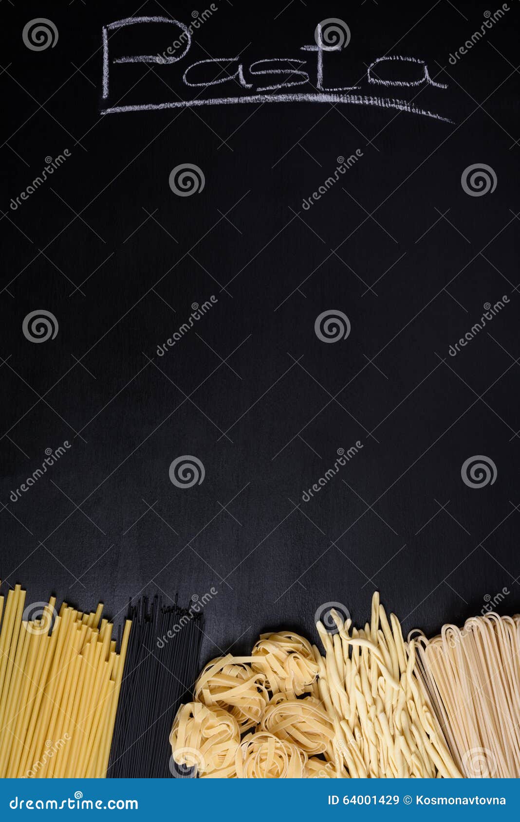 Various Types of Pasta on a Black Board with Chalk Title. High Angle ...