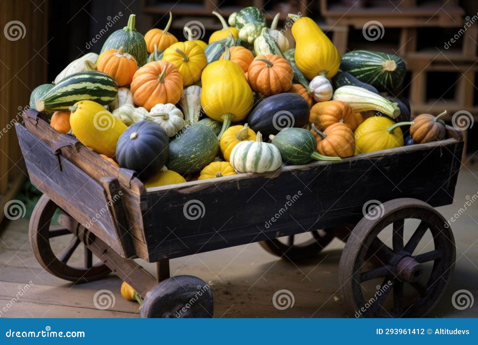 Various Types of Squash on a Wooden Cart Stock Photo - Image of wooden ...