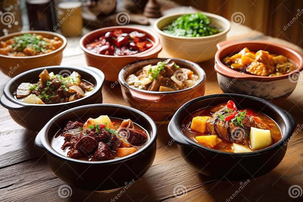 Various Types of Stews Displayed in a Row of Bowls Stock Photo - Image ...