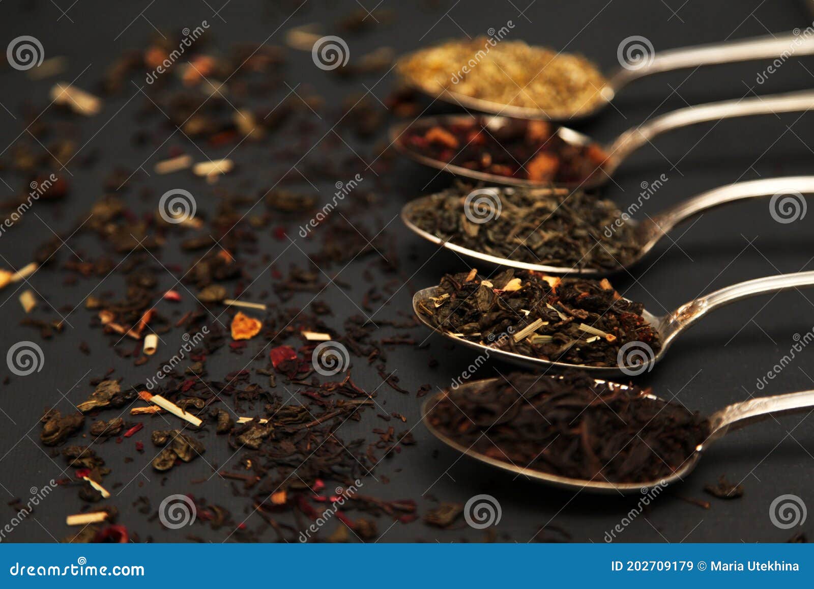 Various Types of Tea in Antique Spoons Stock Image - Image of indian ...