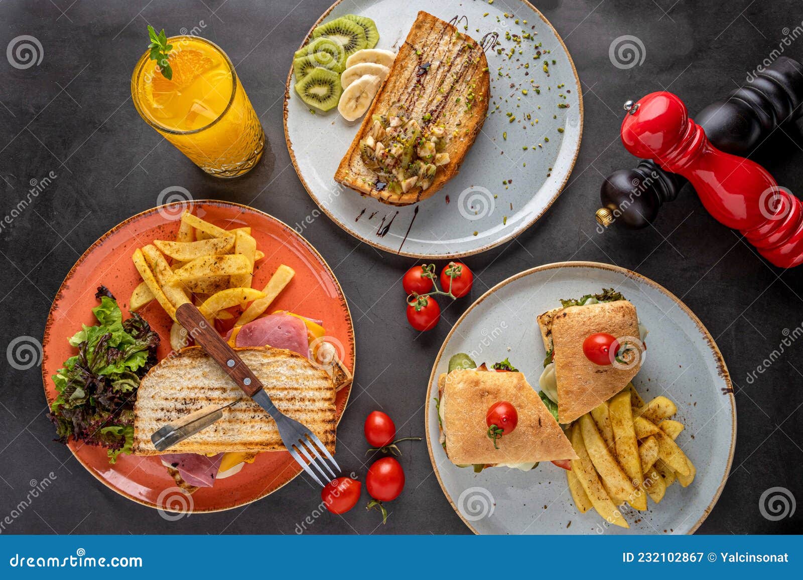 Various Types of Toast and Sandwiches on Stone Table Stock Image ...