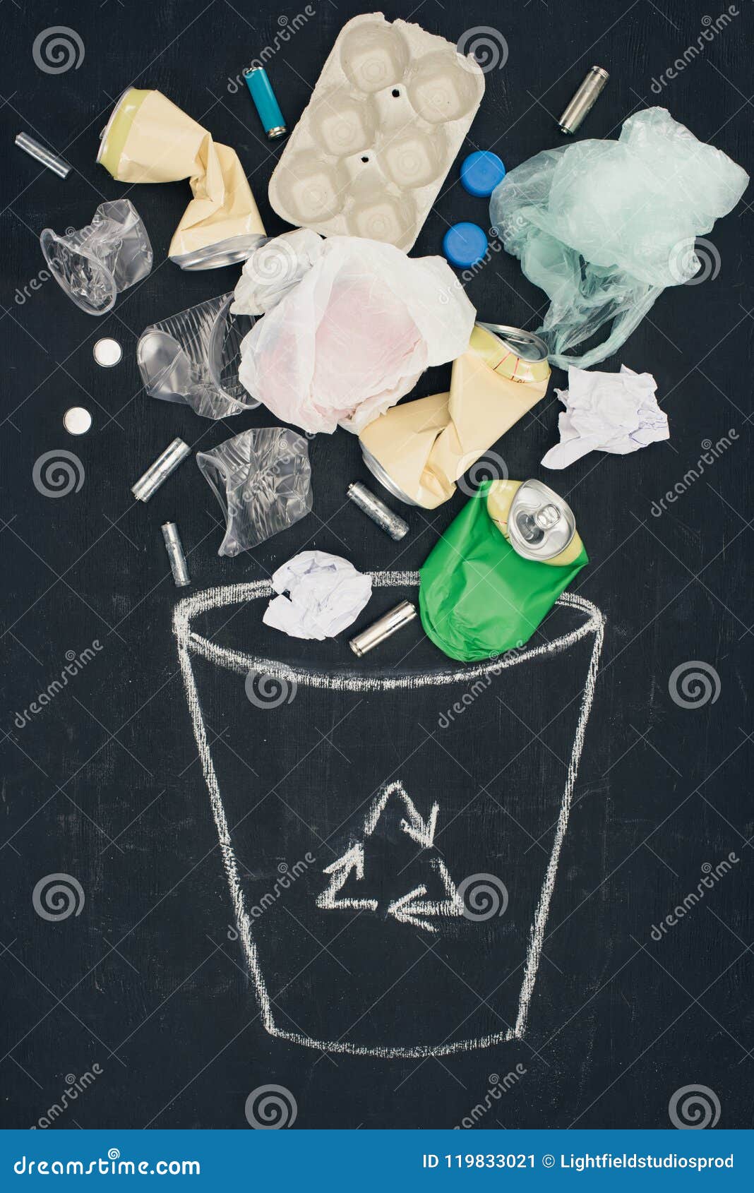 Various Types of Trash Falling into Drawn Trash Bin with Recycle Sign ...