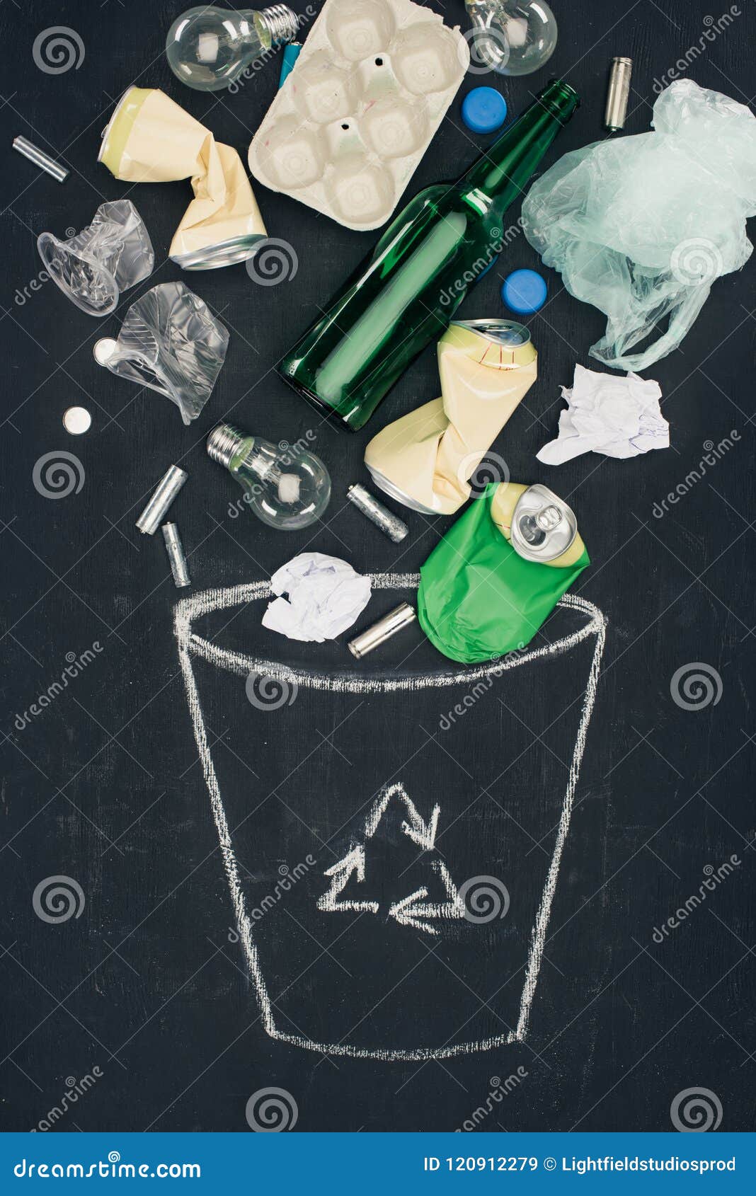 Various Types of Trash Falling into Drawn Trash Can with Recycle Sign ...