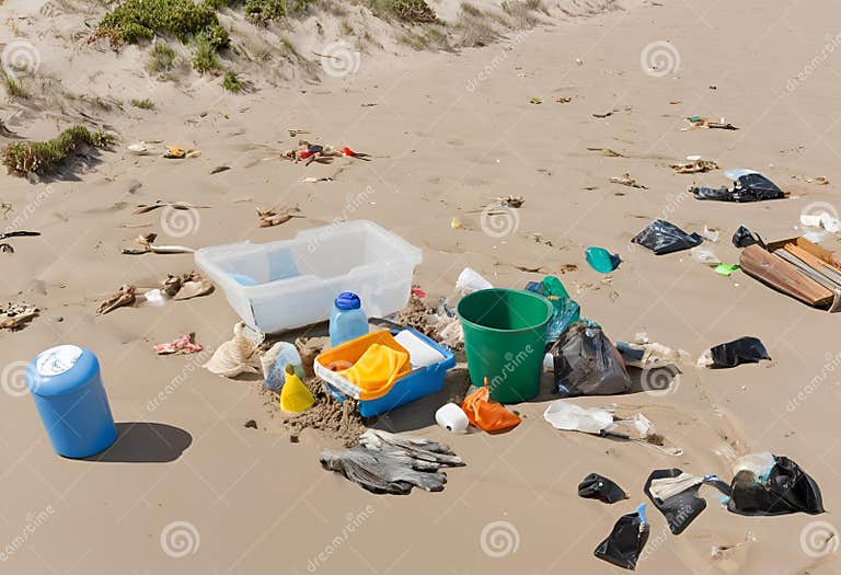 Various Types of Trash Litter the Sandy Beach.AI Generated Stock ...