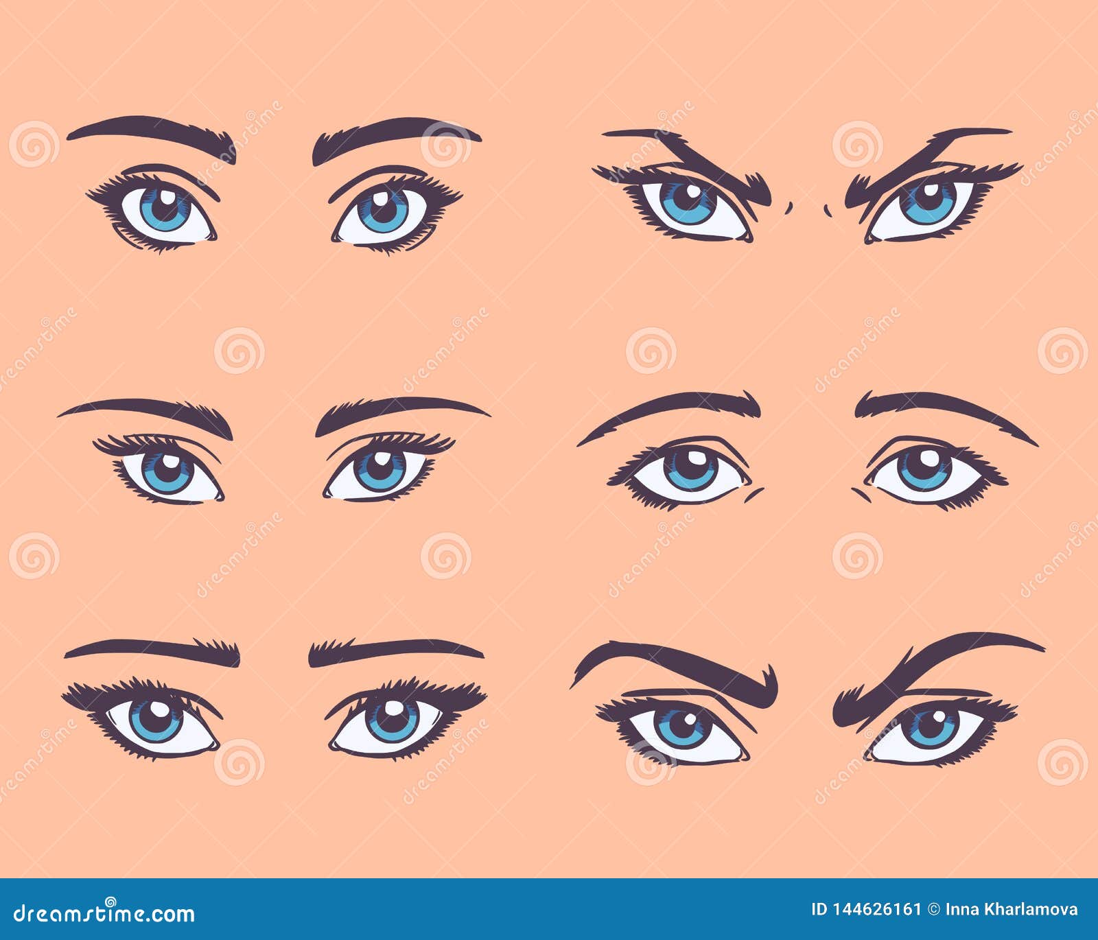 Various Types of Woman Eyes with Eyebrows. Stock Vector - Illustration ...