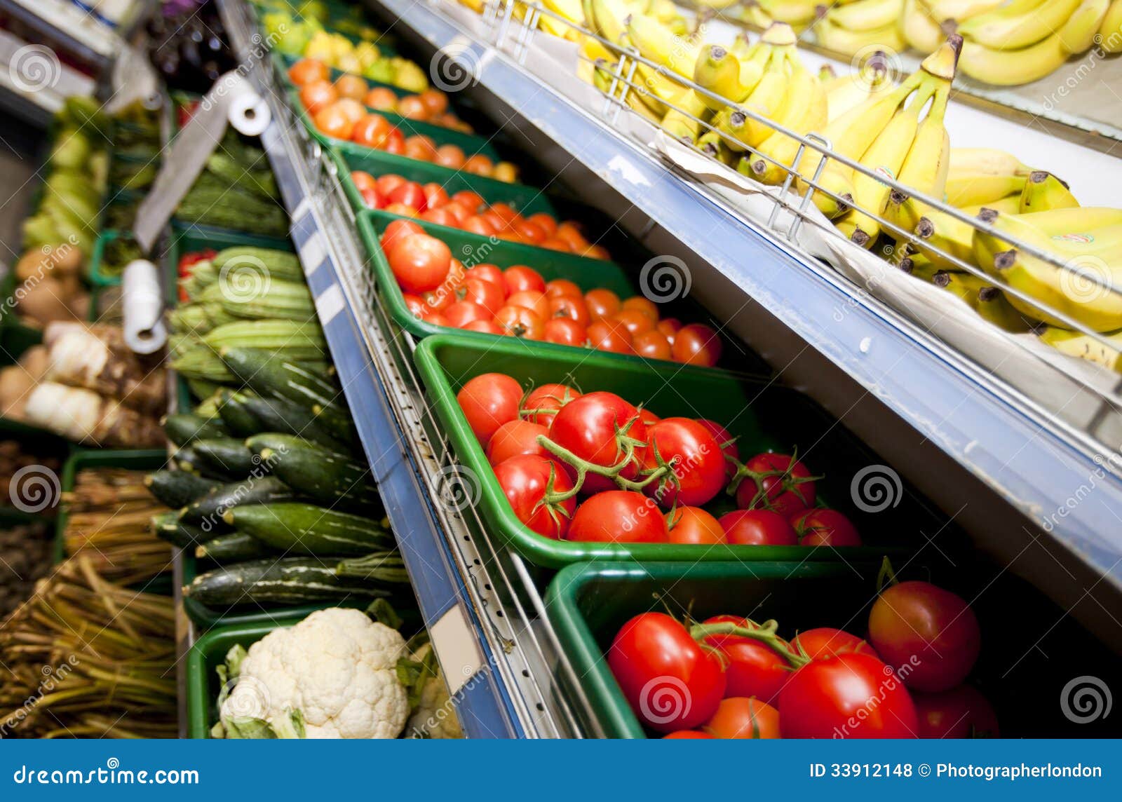 Various Vegetables and Fruits on Display in Supermarket Stock Photo ...