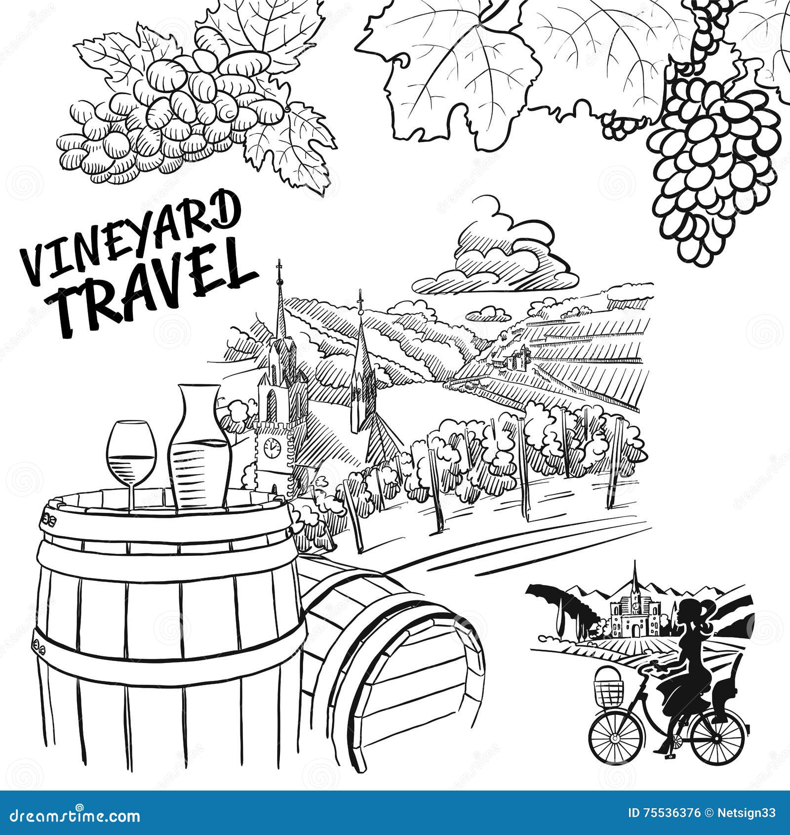 Various Vineyard Travel Concept Sketches Stock Vector - Illustration of ...