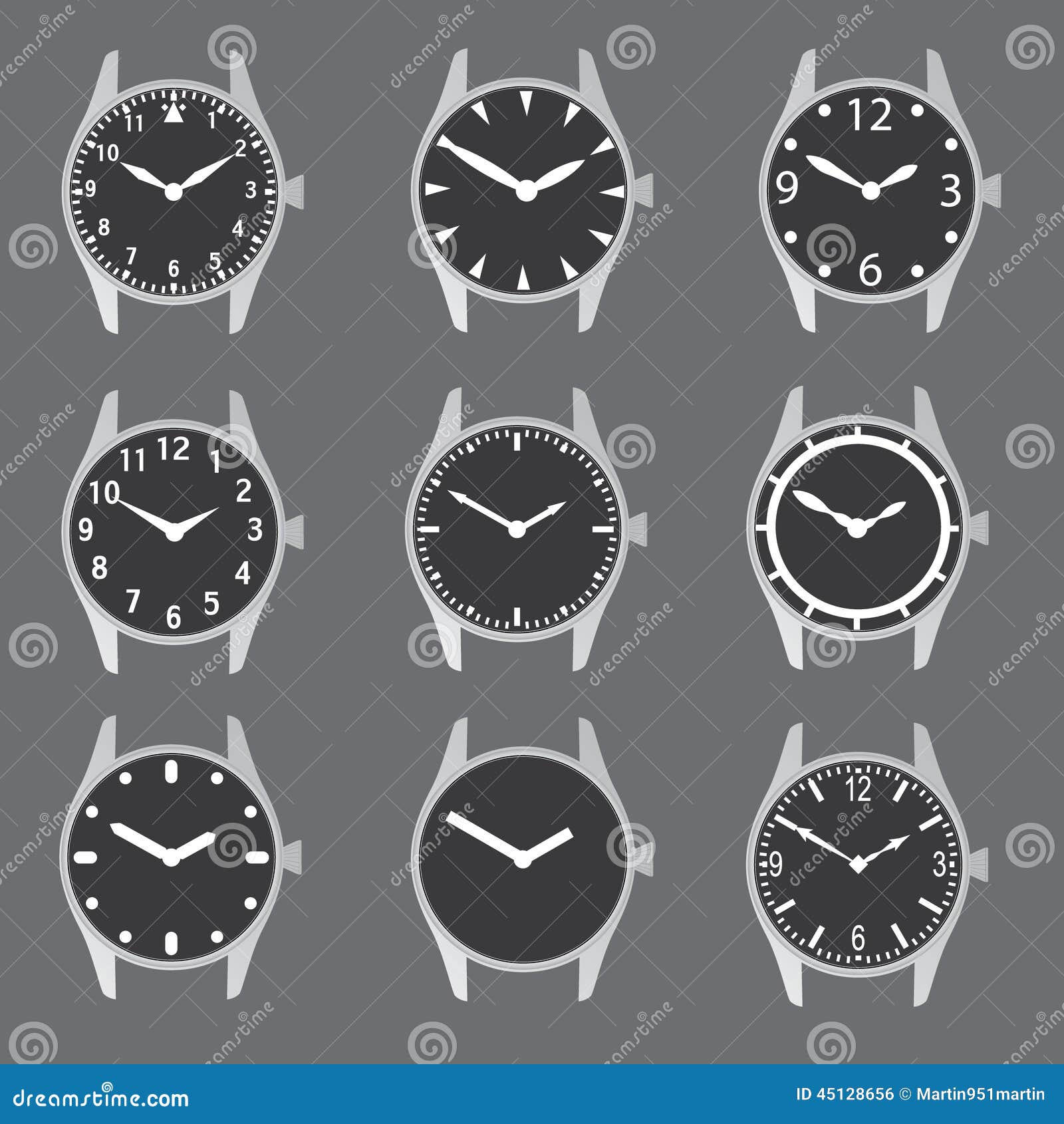 Various Watch Case And Dials With Hands Vector Illustration ...
