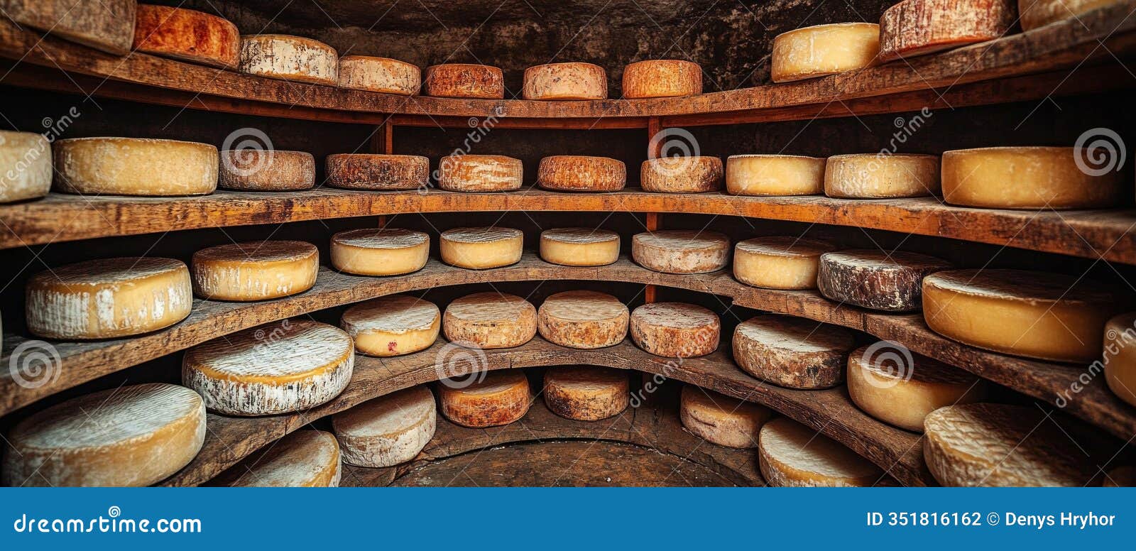 Various Wheels of Cheese Rest on Wooden Shelves Inside a Rustic Cellar ...